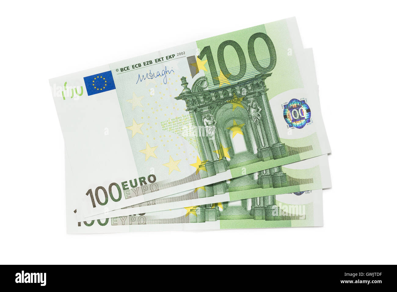 One hundred euro banknotes on white background Stock Photo - Alamy