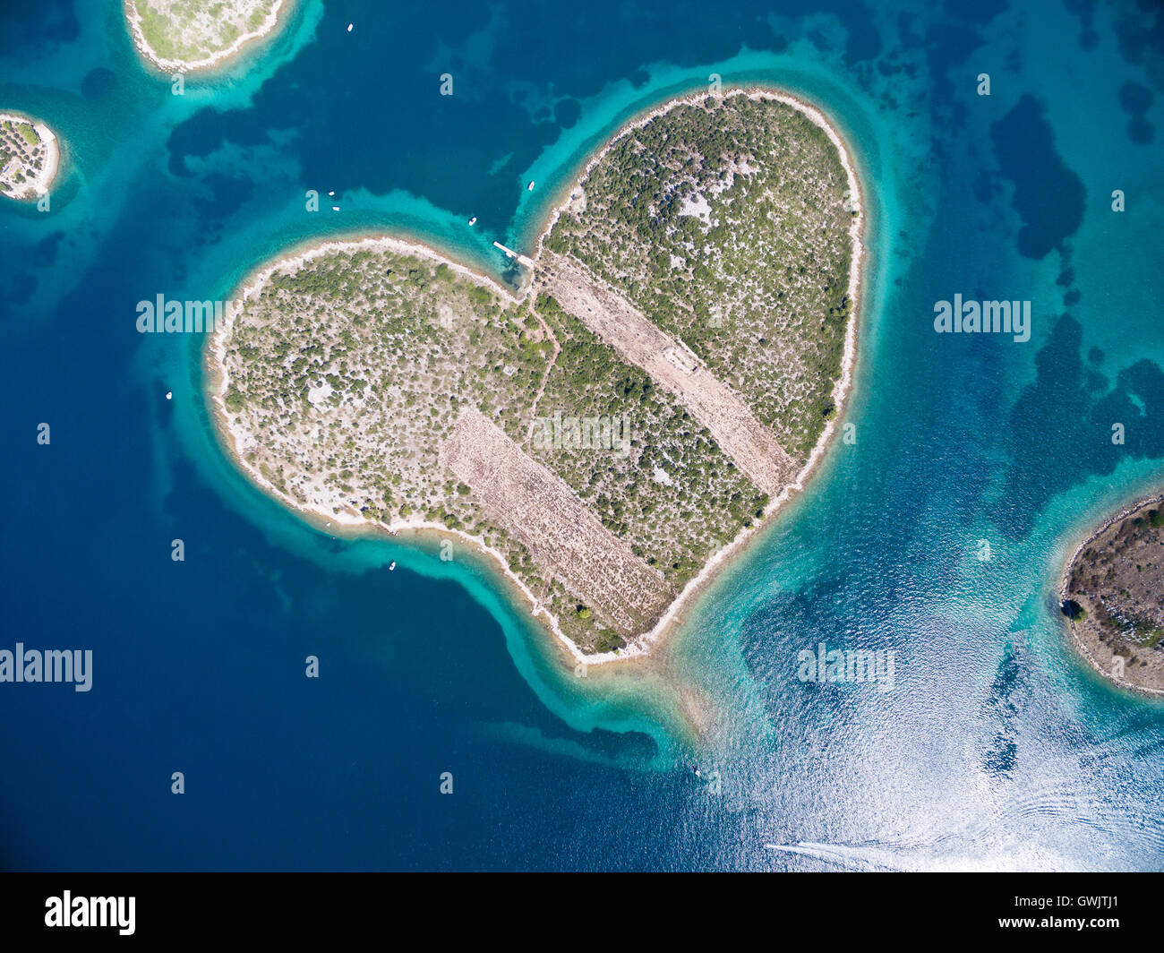 Aerial view of the heart shaped Galesnjak island on the Adriatic coast ...