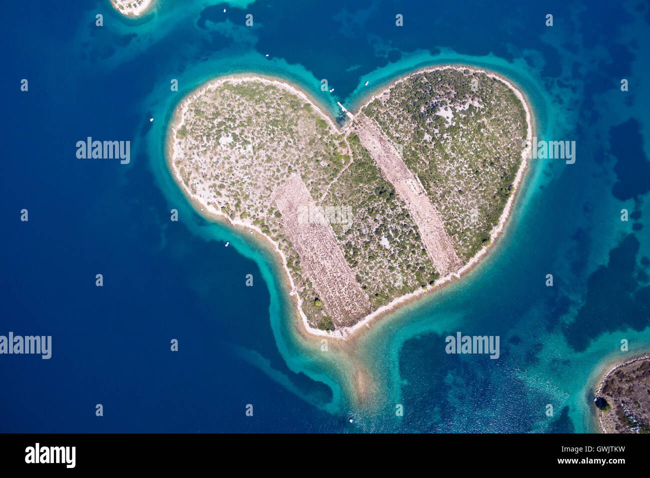 Aerial view of the heart shaped Galesnjak island on the Adriatic coast ...