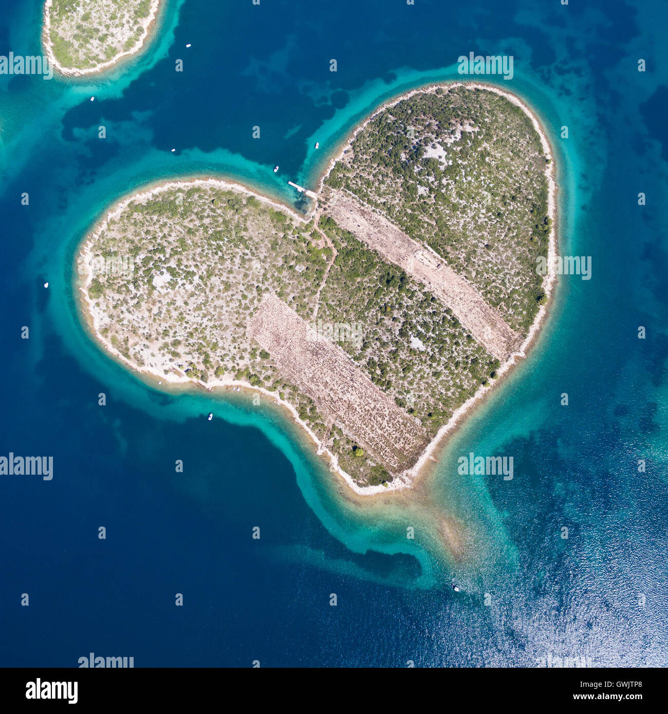 Aerial view of the heart shaped Galesnjak island on the Adriatic coast ...