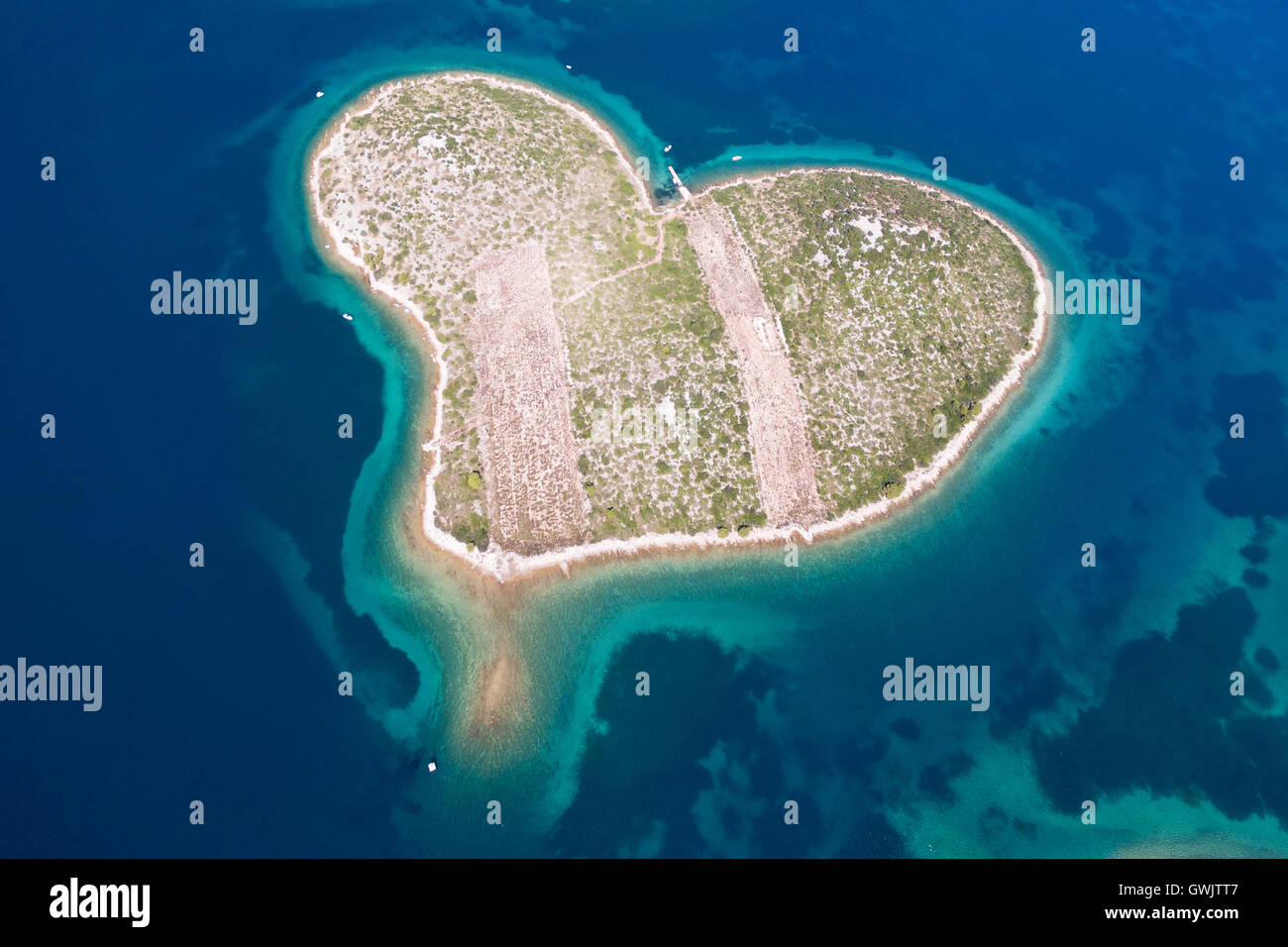 Aerial view of the heart shaped Galesnjak island on the Adriatic coast ...