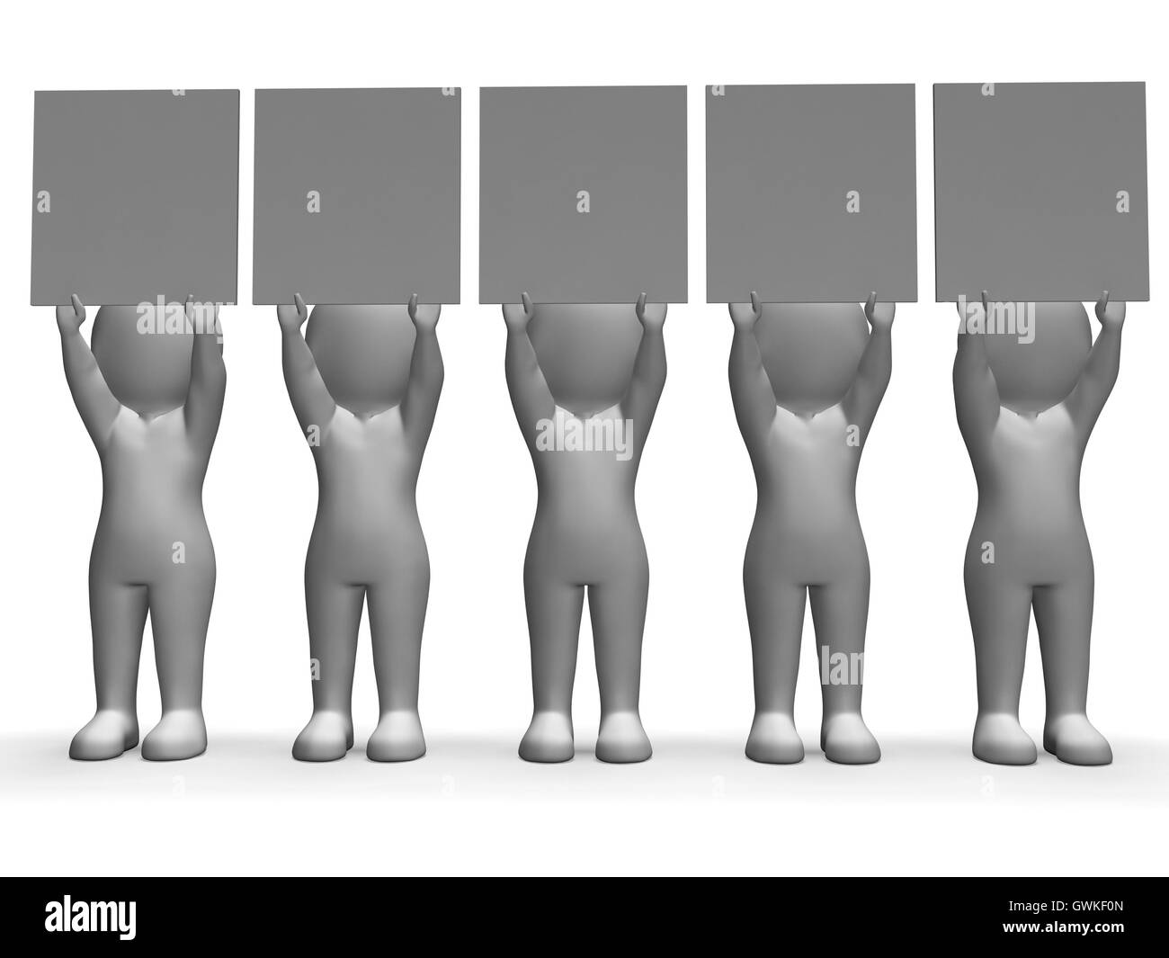 Characters With Five Blank Boards For Message Or Text Stock Photo - Alamy