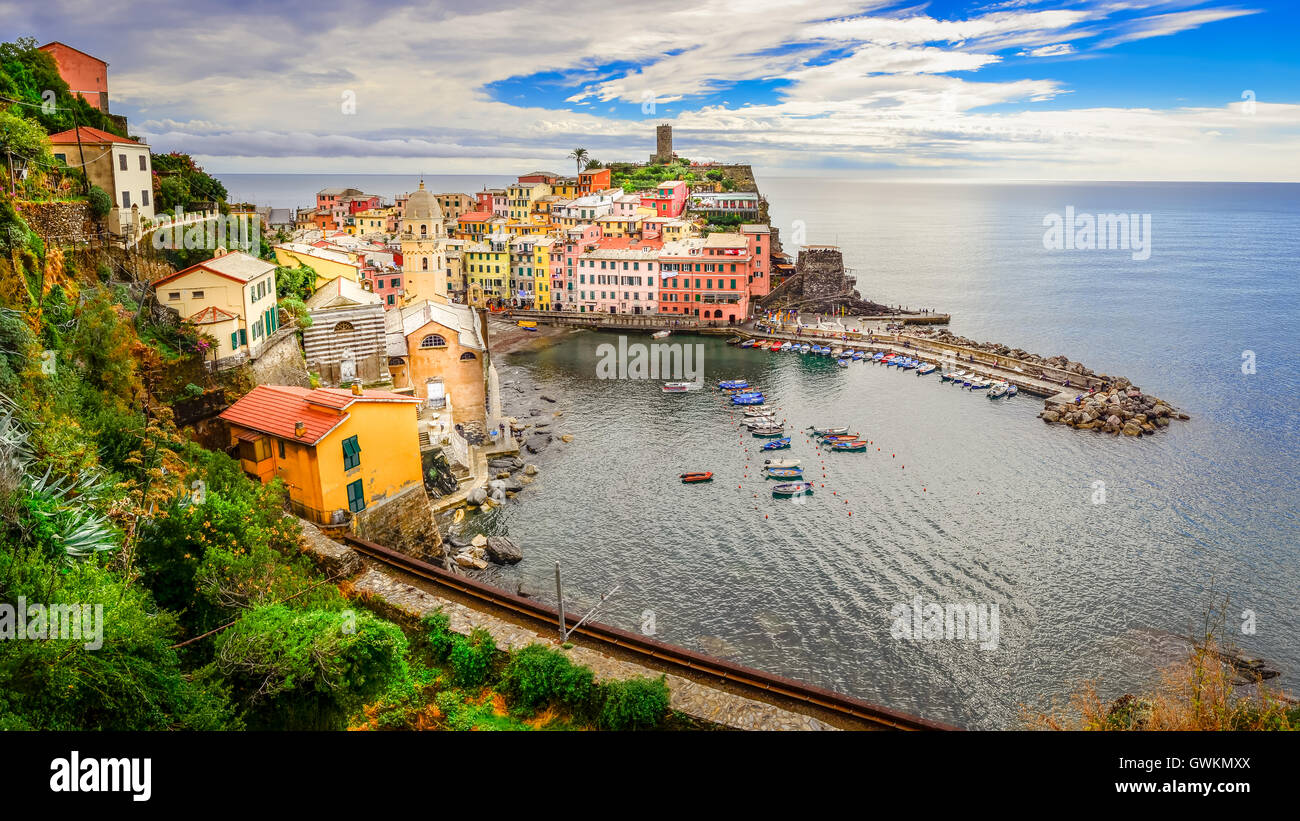 Panoramic view of colorful Vernazza village in Cinque Terre Stock Photo ...