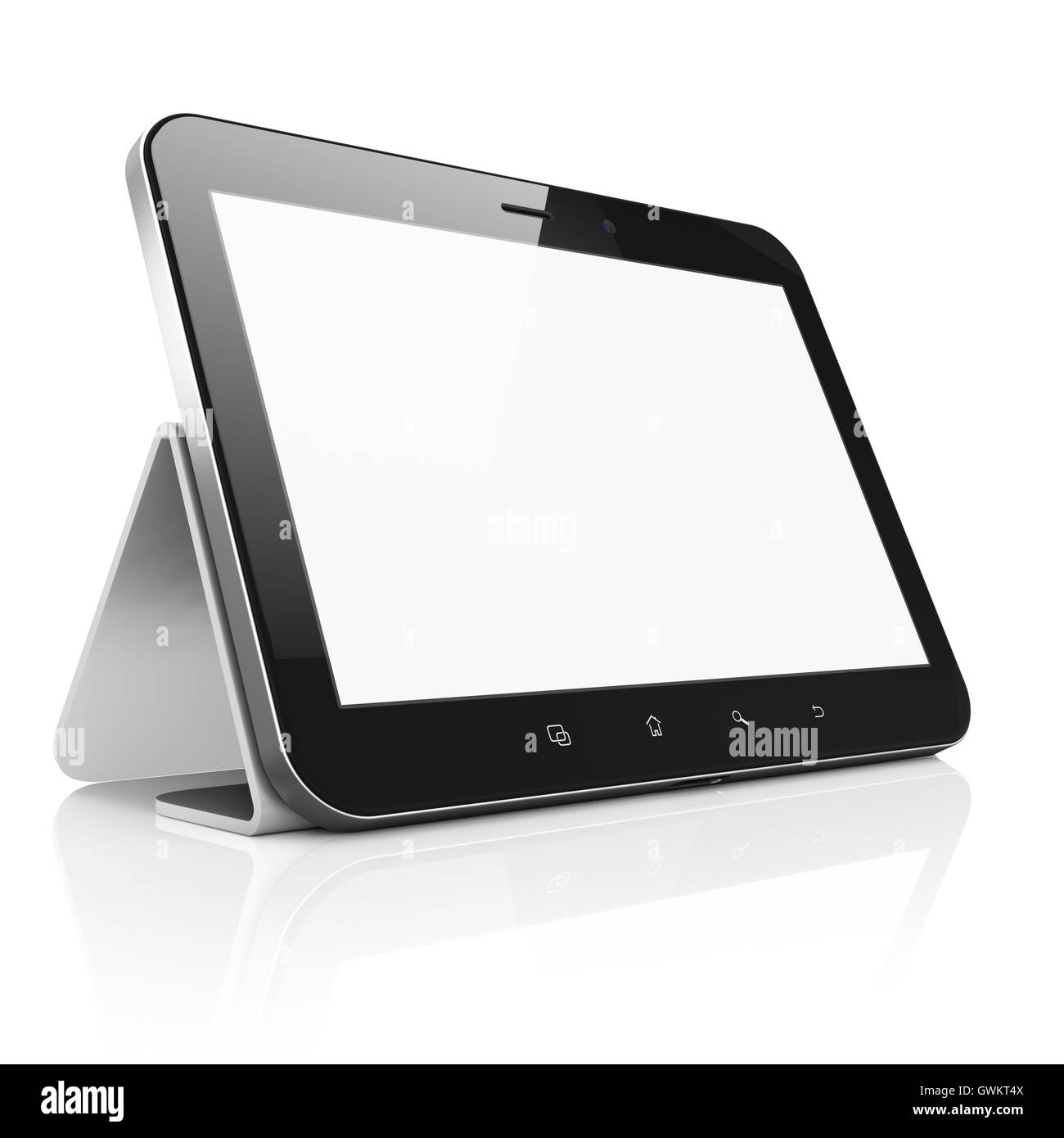 Black abstract tablet computer (tablet pc) with stand on white b Stock ...