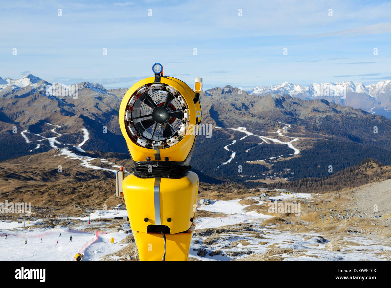 The snow cannon in ski resort, Madonna di Campiglio, Italy Stock Photo ...