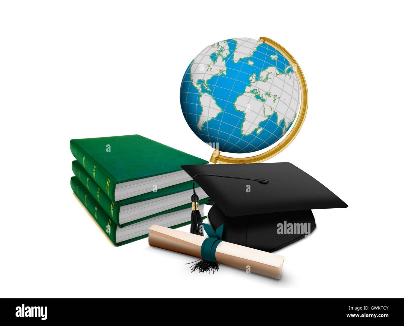 Mortarboard with Scroll and Stack of Books Stock Photo - Alamy