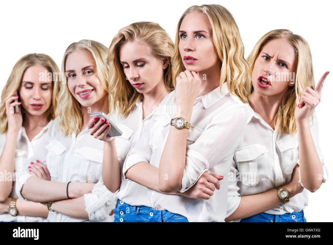 Young beautiful woman with different emotions isolated on white ...