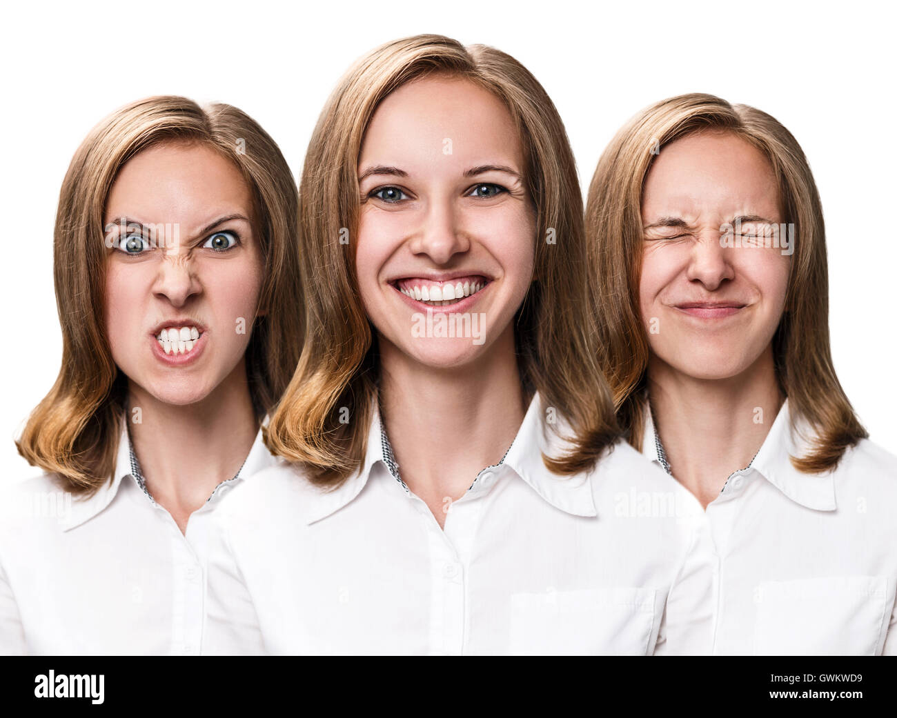Collage of young woman makes fun faces isolated on white Stock Photo ...