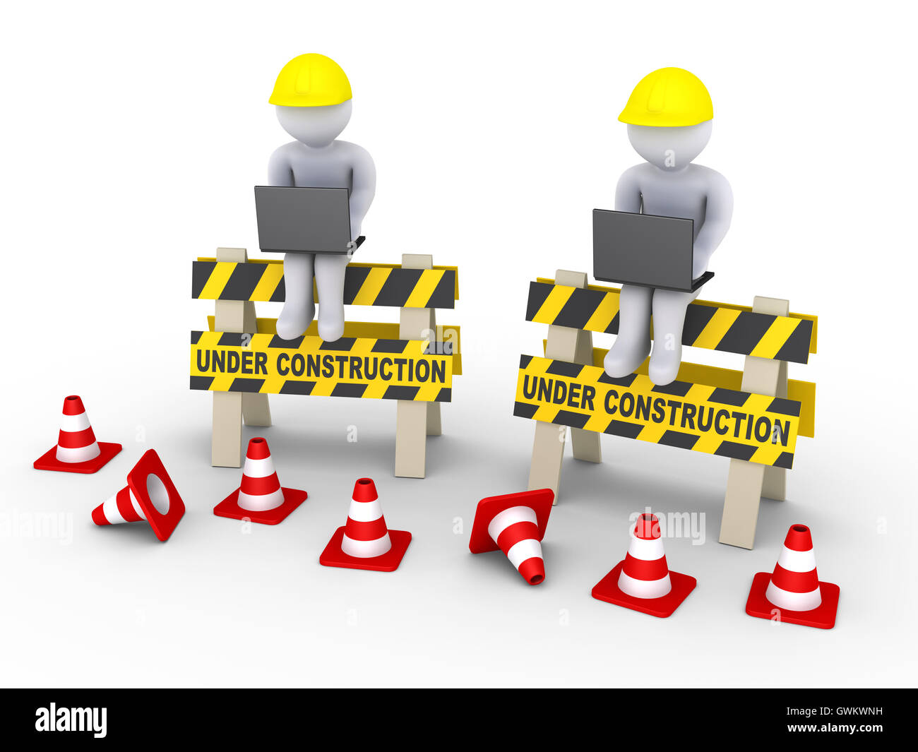 Under construction signs and two workers with laptops Stock Photo - Alamy