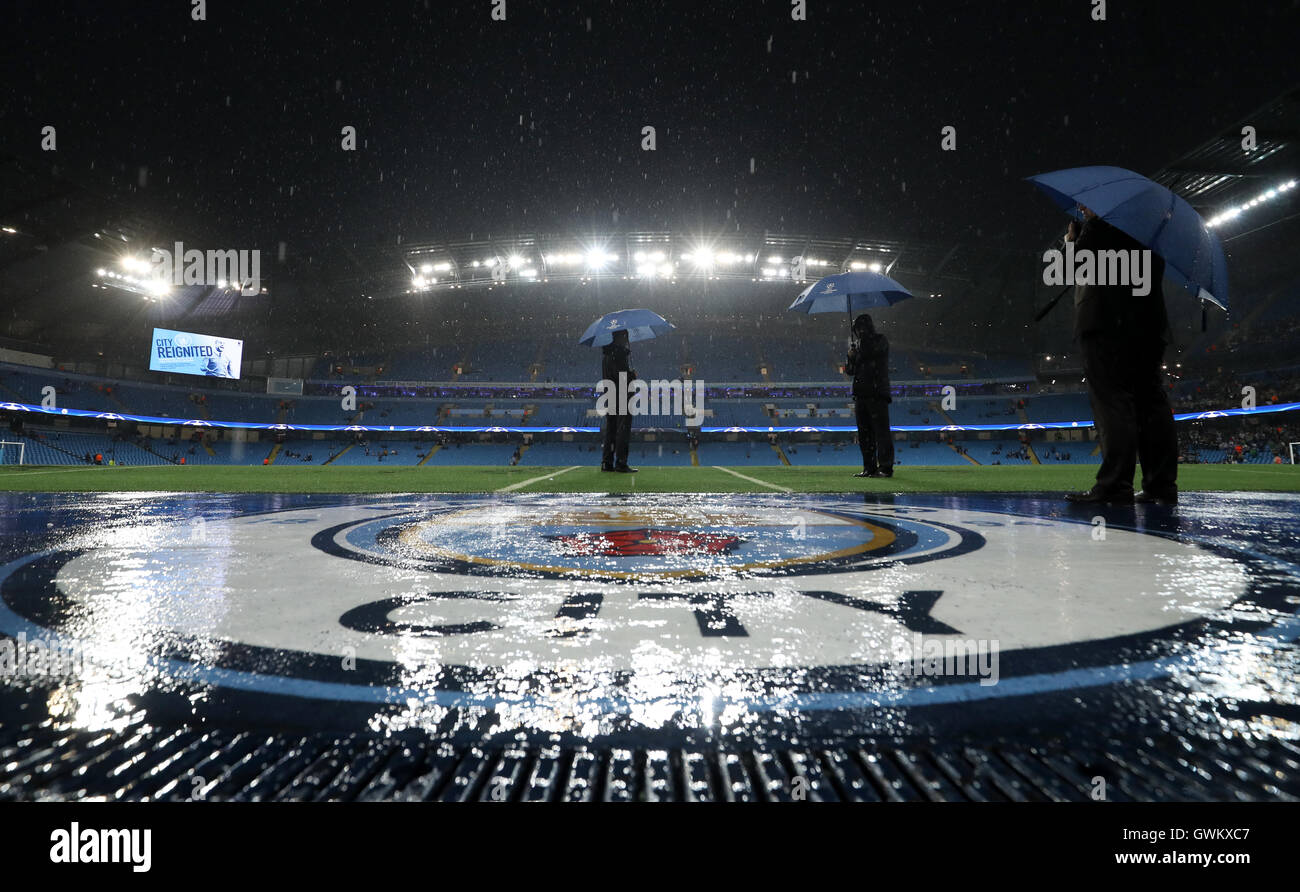 Heavy rain before the Champions League match at the Etihad Stadium ...