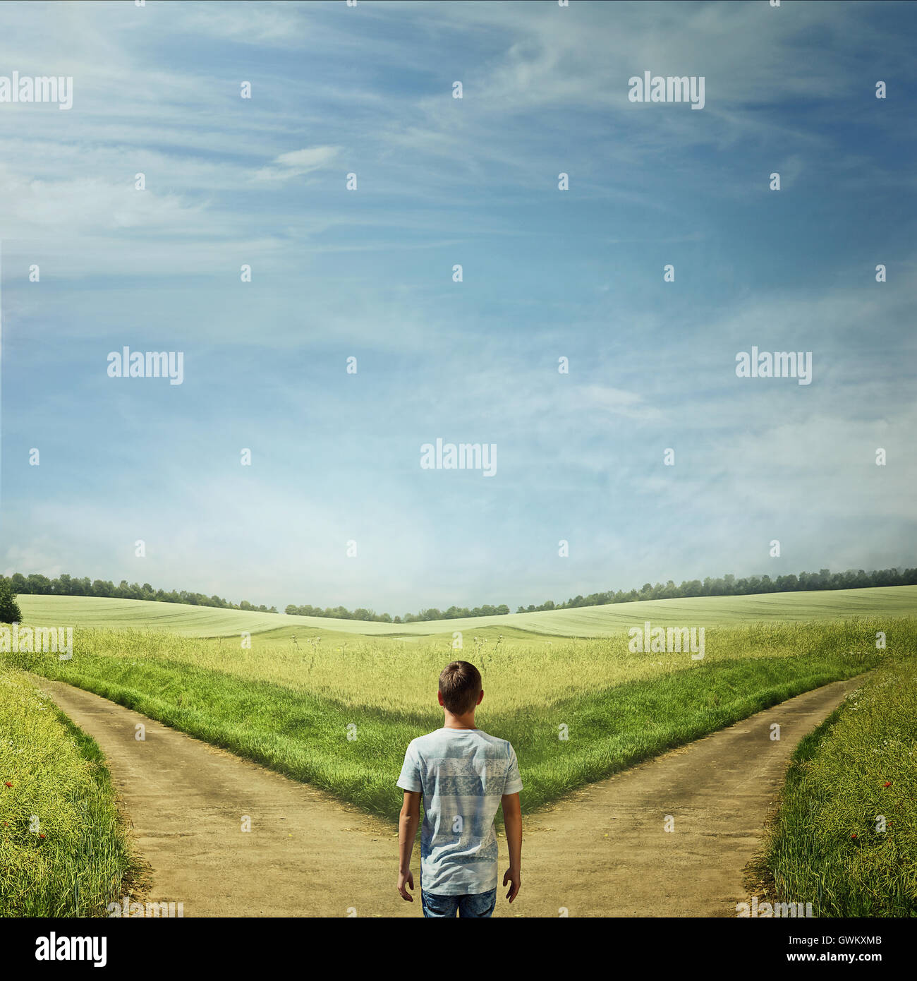 Creative concept with a man in front of two roads choosing the correct ...