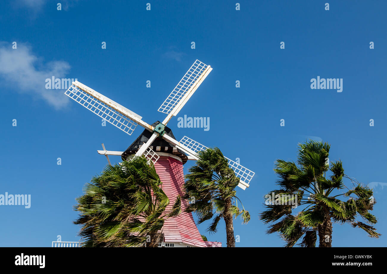 A red windmill with white blades againsta blue sky with palm trees ...