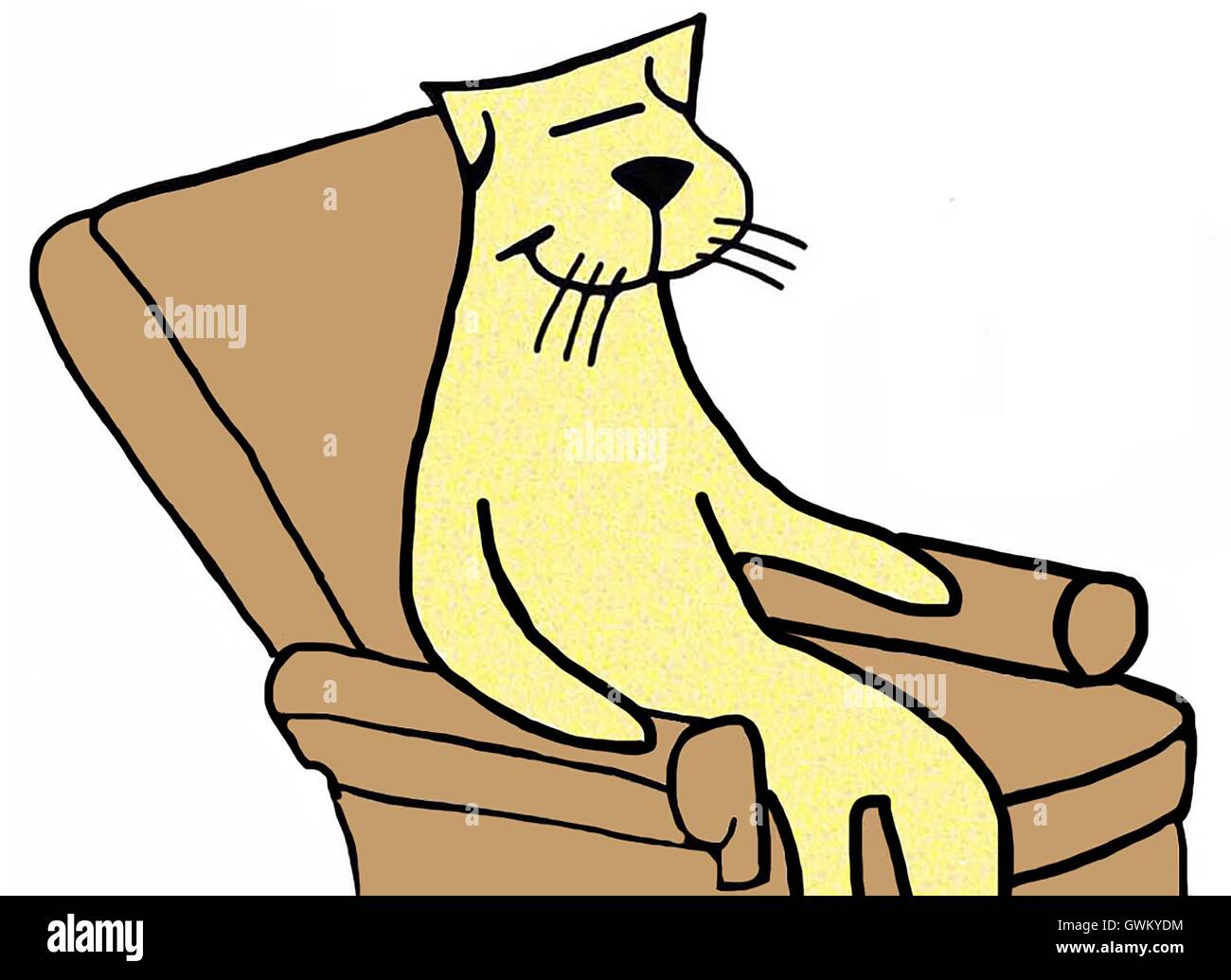 Illustration of smiling, yellow cat sitting in a tan chair Stock Photo ...