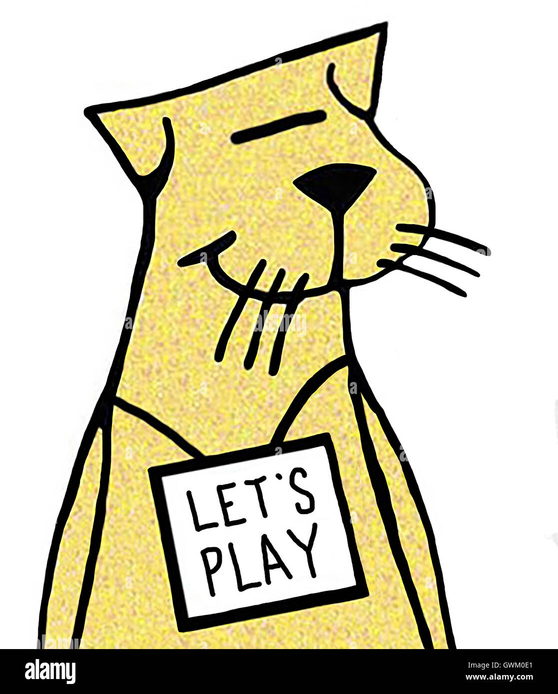 Color, closeup illustration of a smiling, yellow cat with a sign around ...