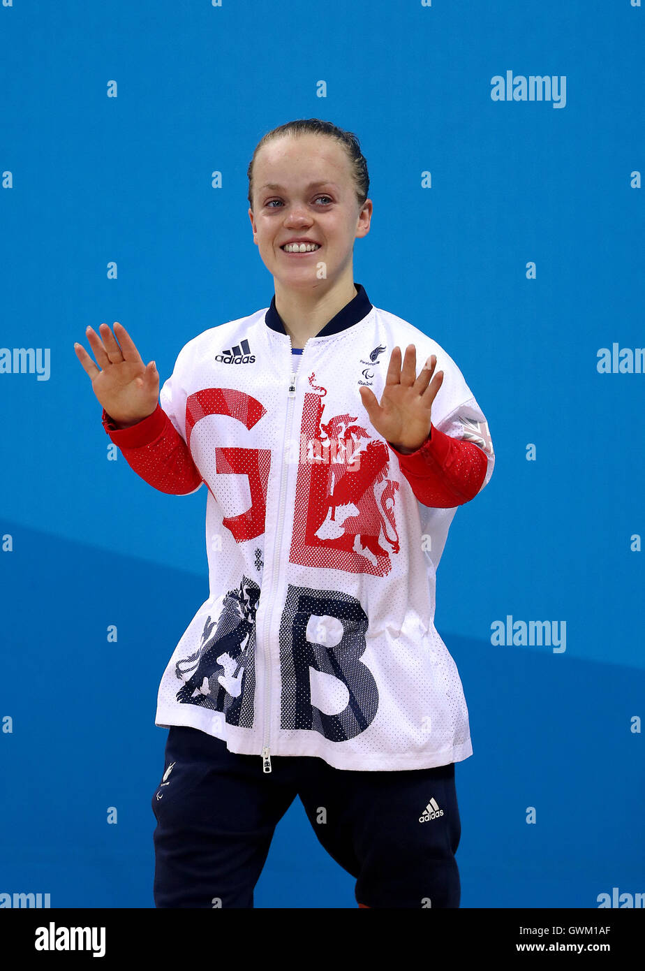 Great Britain's Eleanor Simmonds celebrates on the podium after winning ...