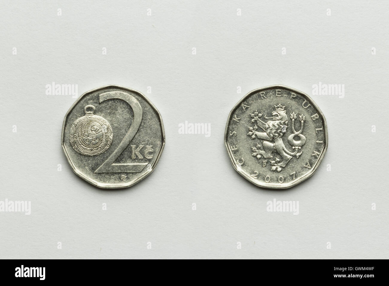 Two crown Czech coin. Head and tail, on white background Stock Photo ...