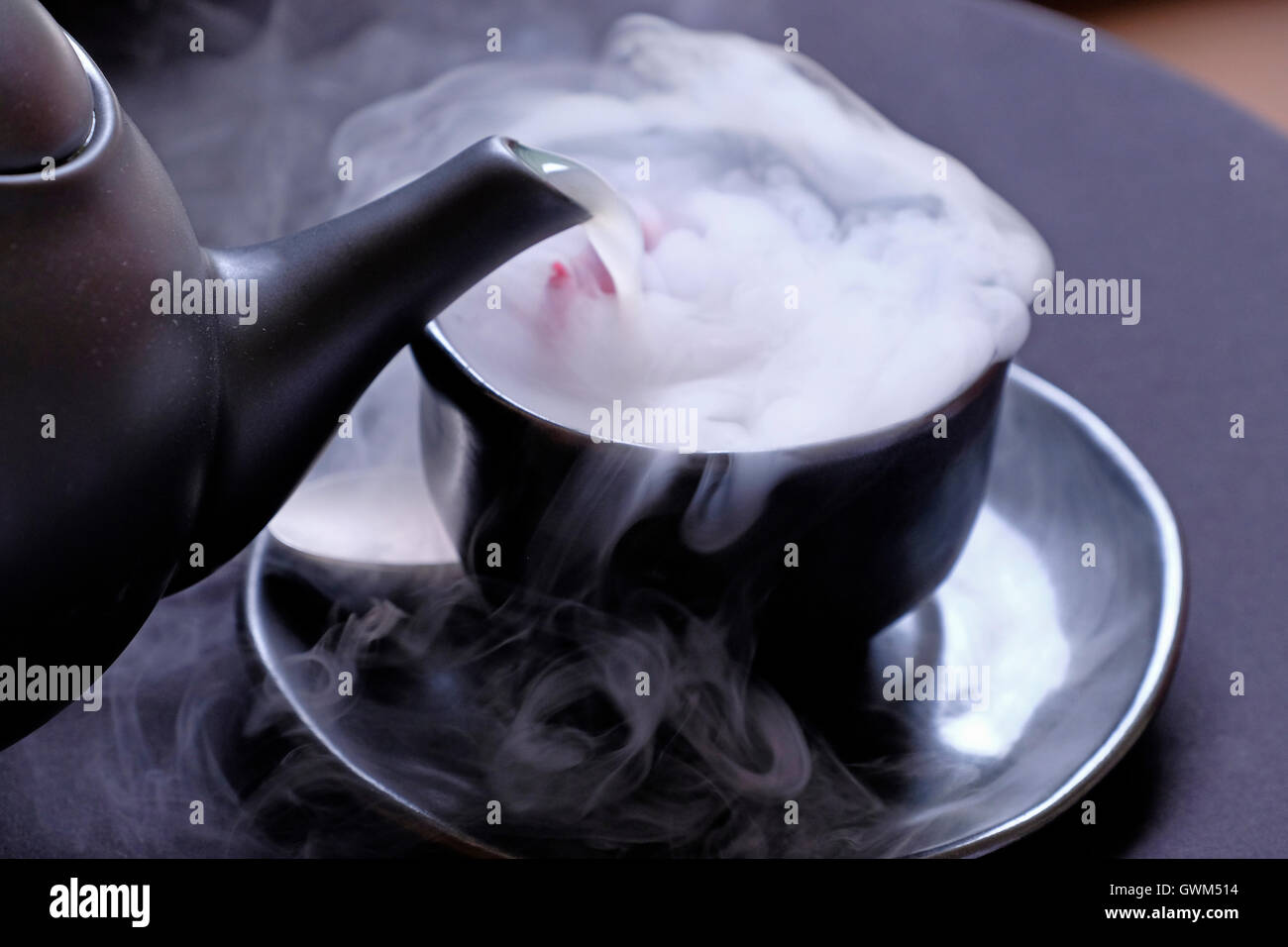 A cup of dry ice tea bathed in liquid nitrogen for dramatic effect ...