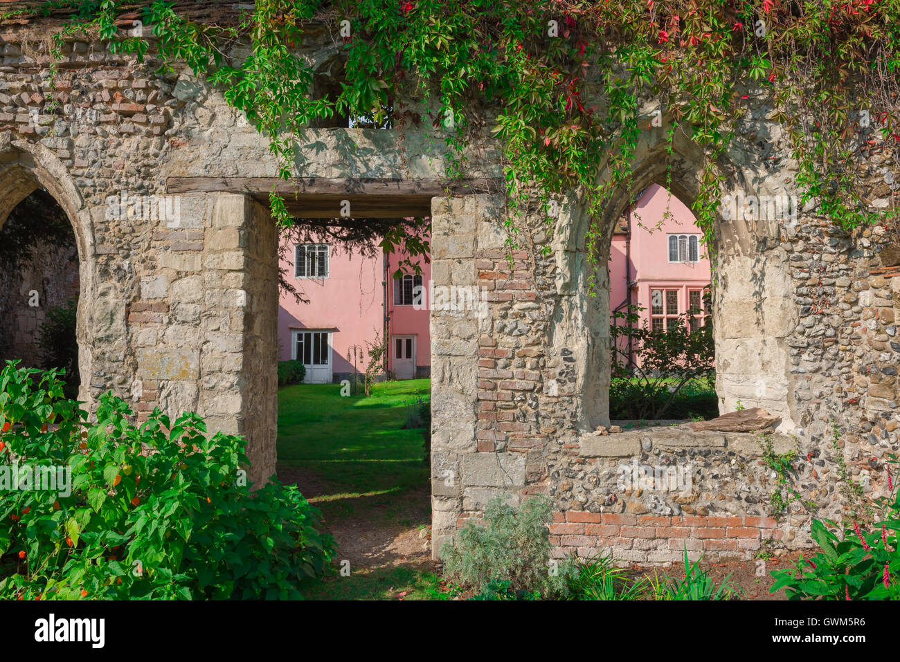 Clare Suffolk, medieval wall of Clare Priory in Suffolk, with detail of ...