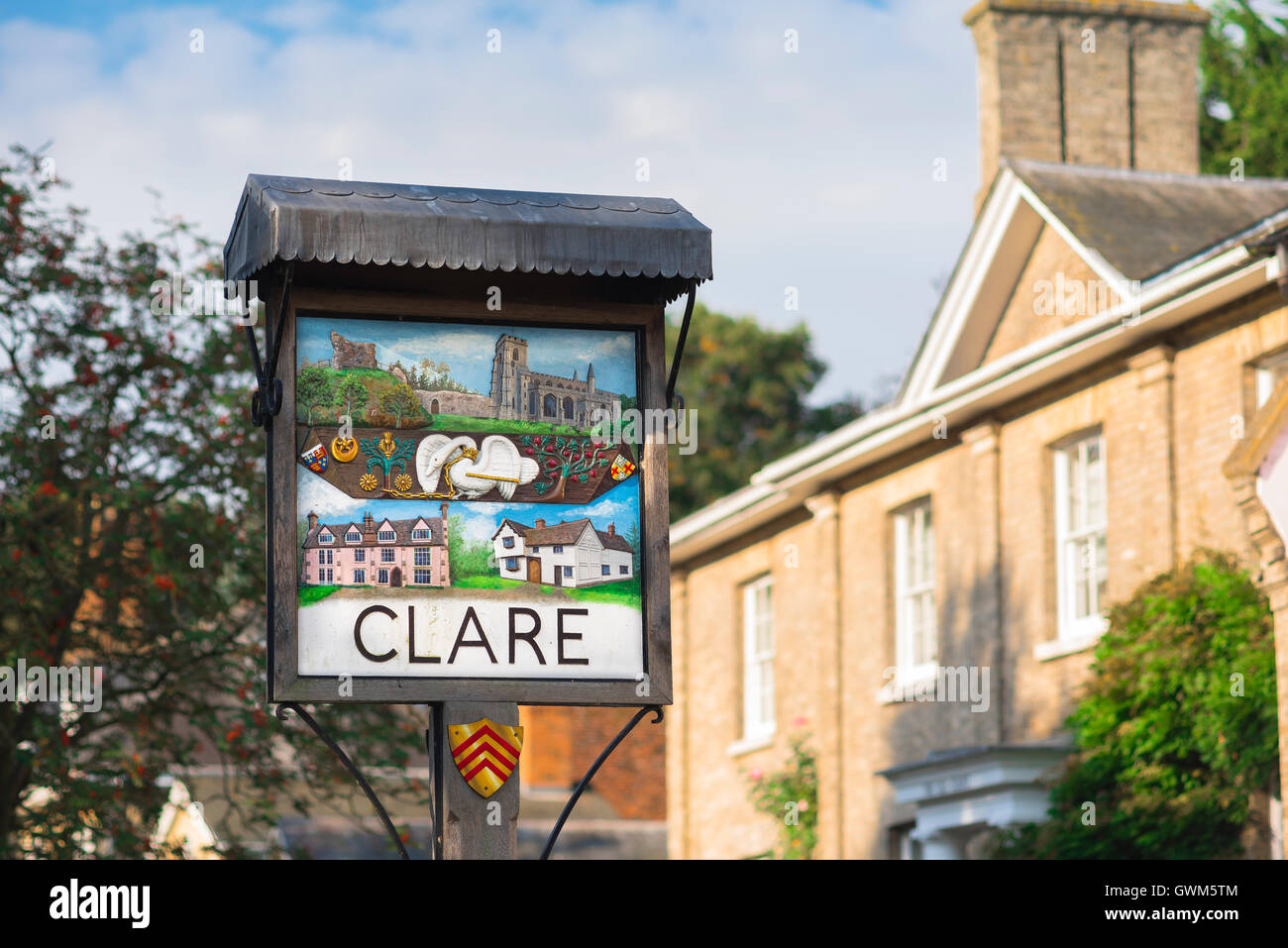 Clare Suffolk village UK, an illustrated sign in the historic village ...