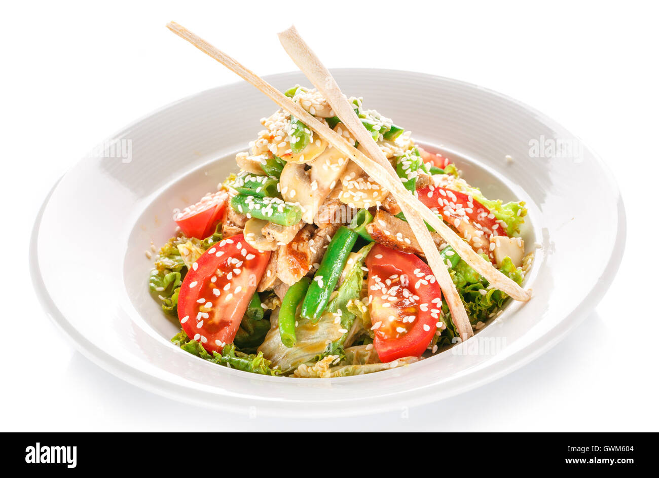appetizing restaurant light salad with mushrooms food on white ...