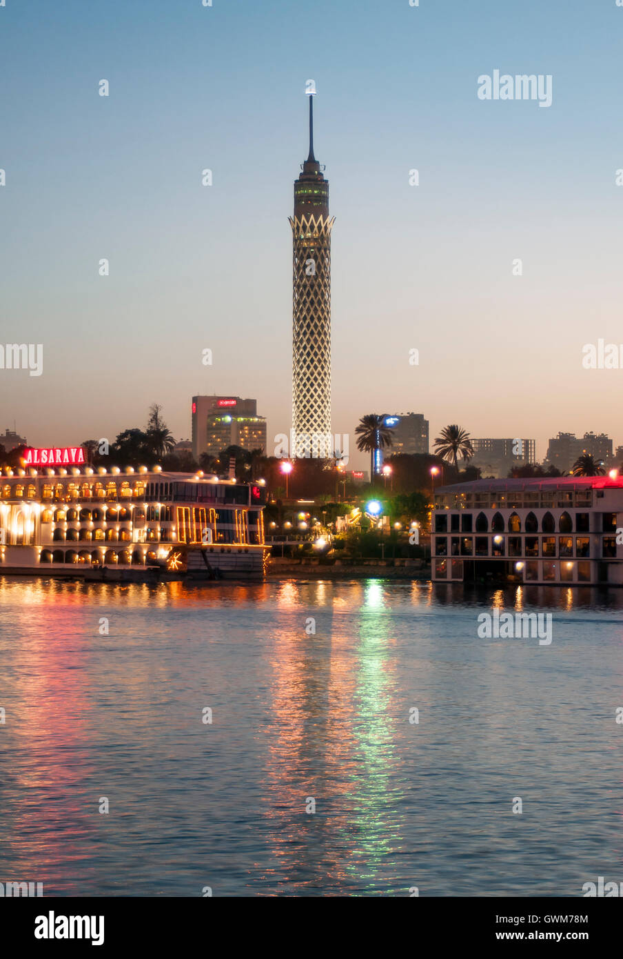 Borg al-Qahira (Lotus Tower) above Gezira Island and River Nile at Dusk ...