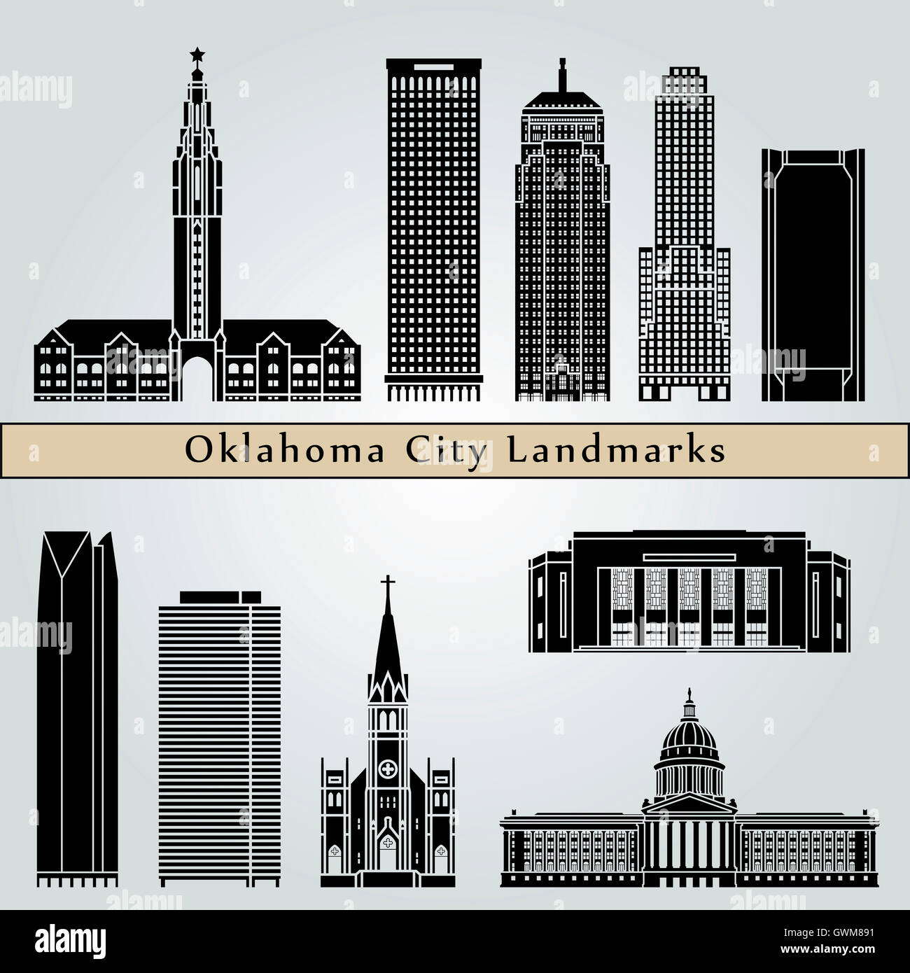 Oklahoma City landmarks and monuments isolated on blue background in ...
