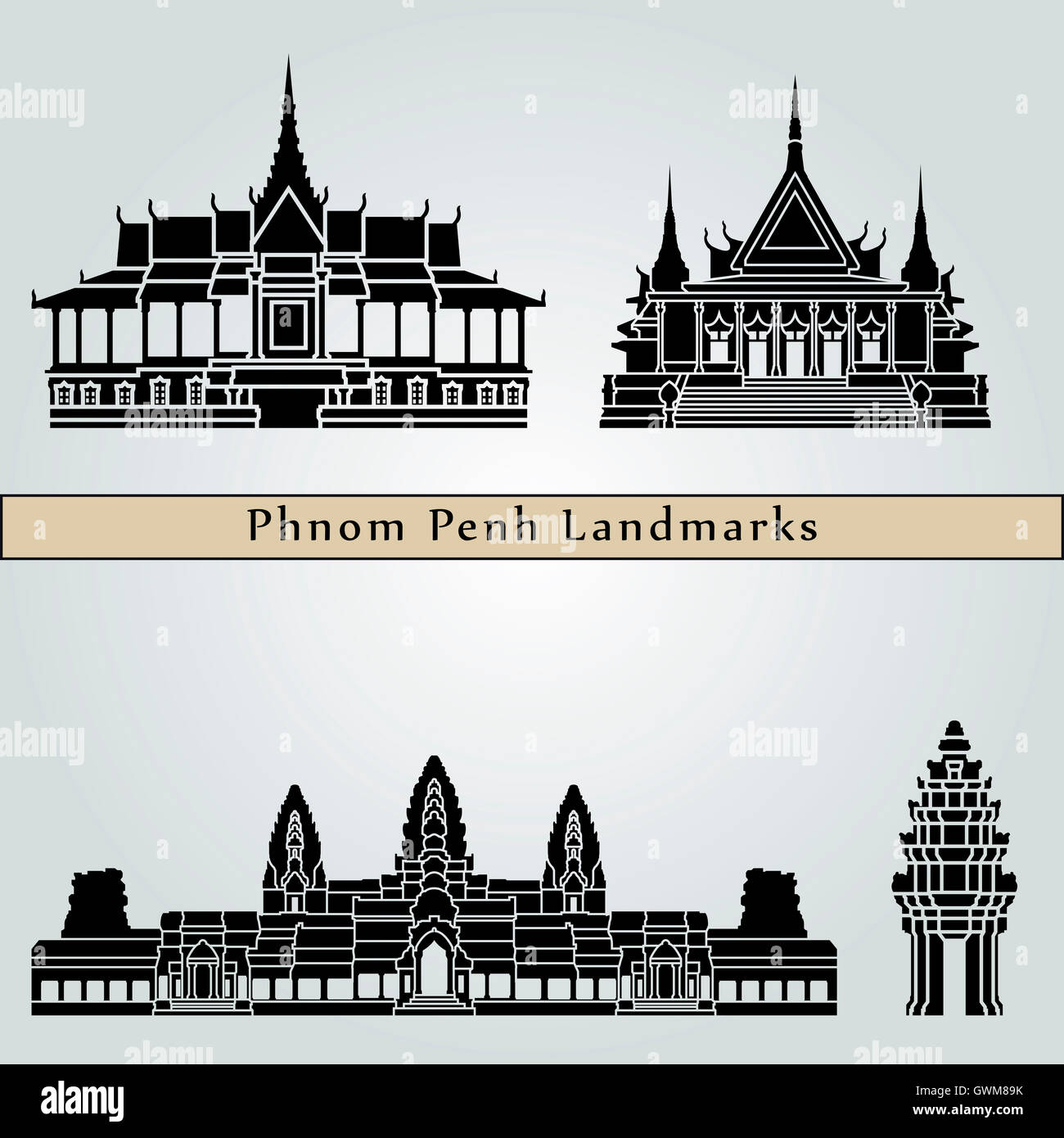 Phnom Penh landmarks and monuments isolated on blue background in ...