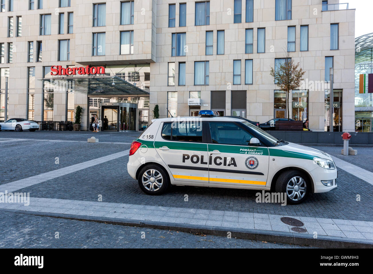 A police car standing in front of the Sheraton hotel Bratislava ...