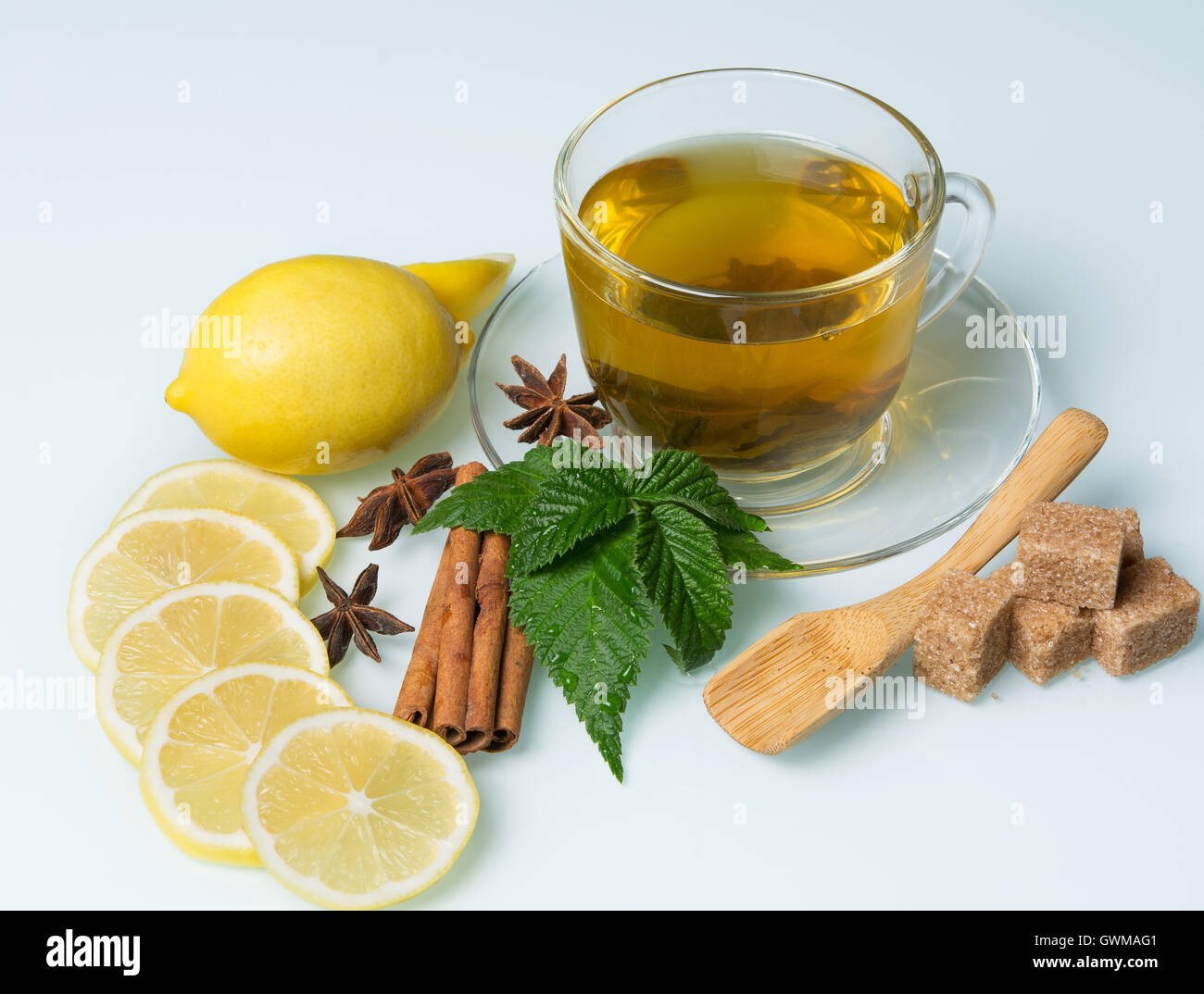 green tea with lemon and cinnamon Stock Photo - Alamy