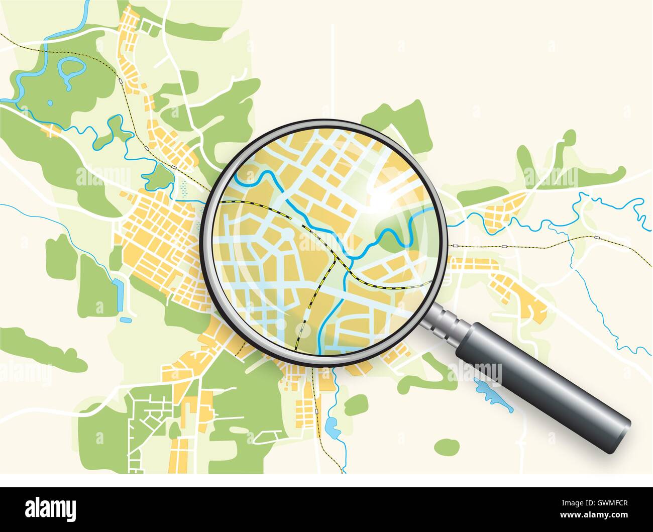 City Geo Map and Magnifying Glass Lens. Color bright decorative ...