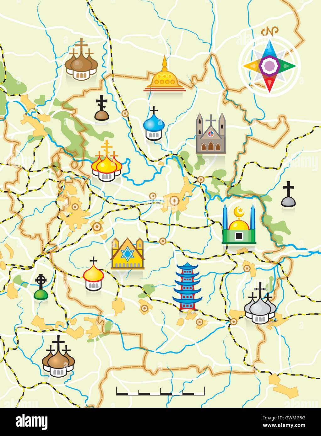 Geodesic Map of The Country with Religious Landmarks. Background vector ...