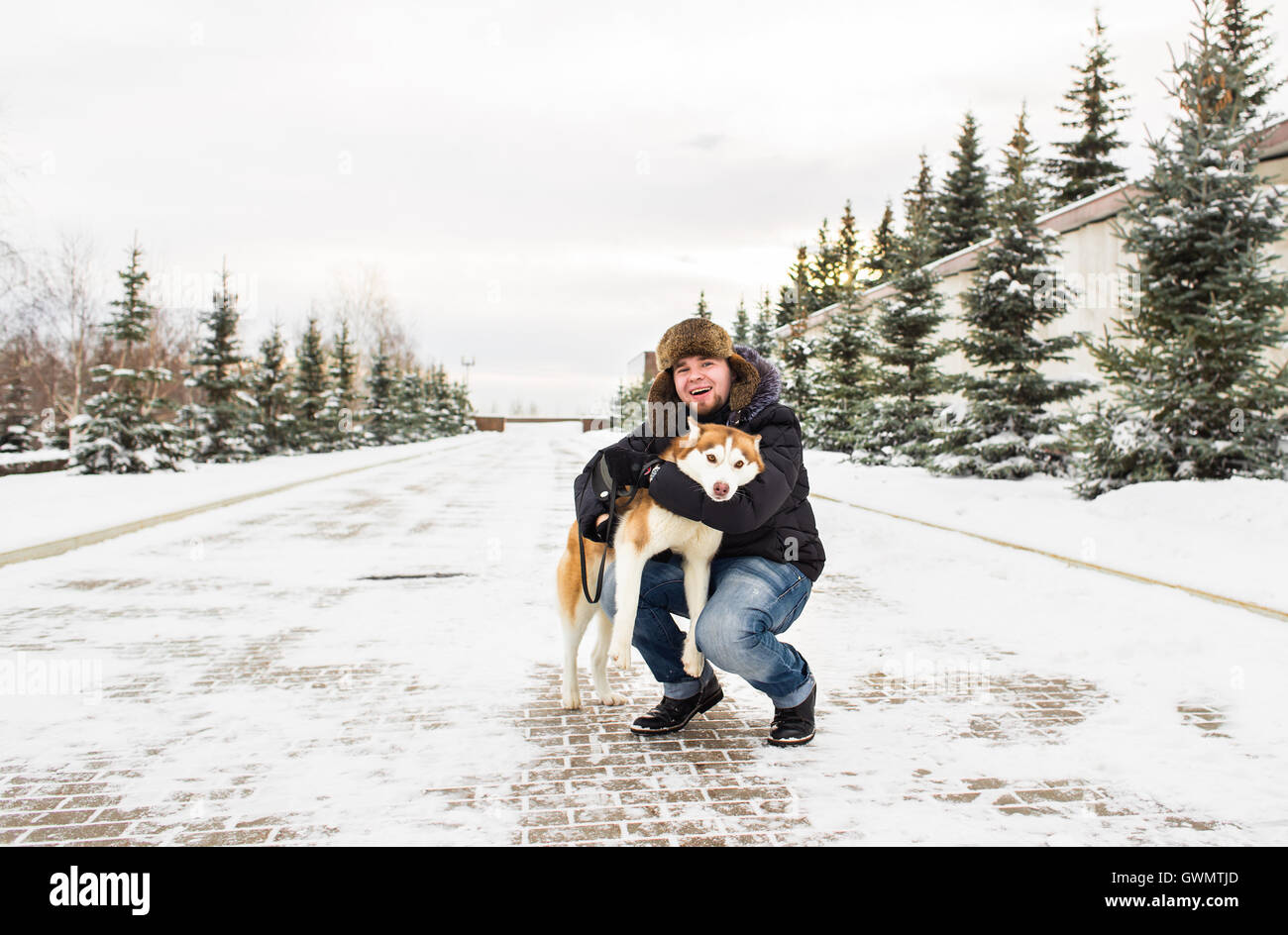 Man and dog in snow Stock Photo - Alamy