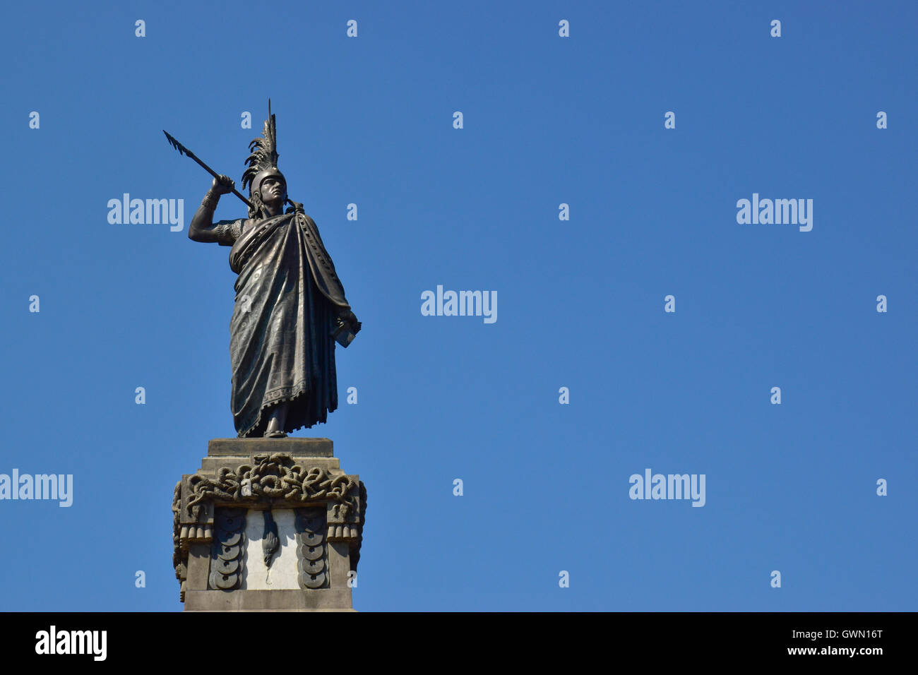 Cuauhtemoc statue in Mexico City, Mexico. He was the Aztec ruler ...