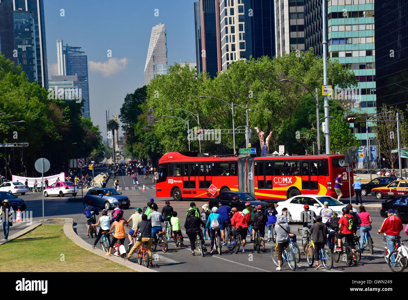 Metrobus crossing the Avenida Paseo de la Reforma. The Avenue is closed ...