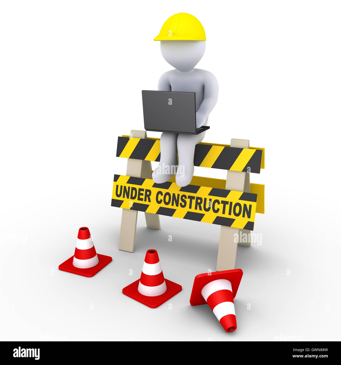 Under construction sign and a worker with laptop Stock Photo - Alamy