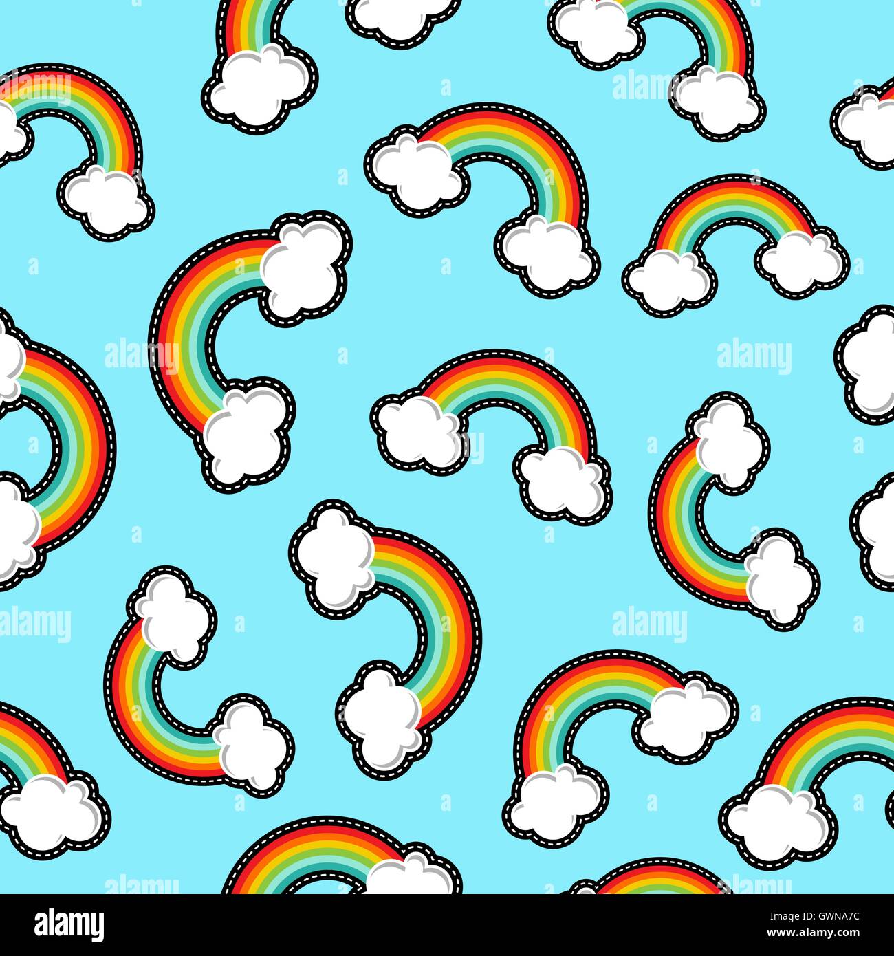 Seamless pattern with rainbow icon in cloud sky, cute cartoon illustration background. EPS10 ...