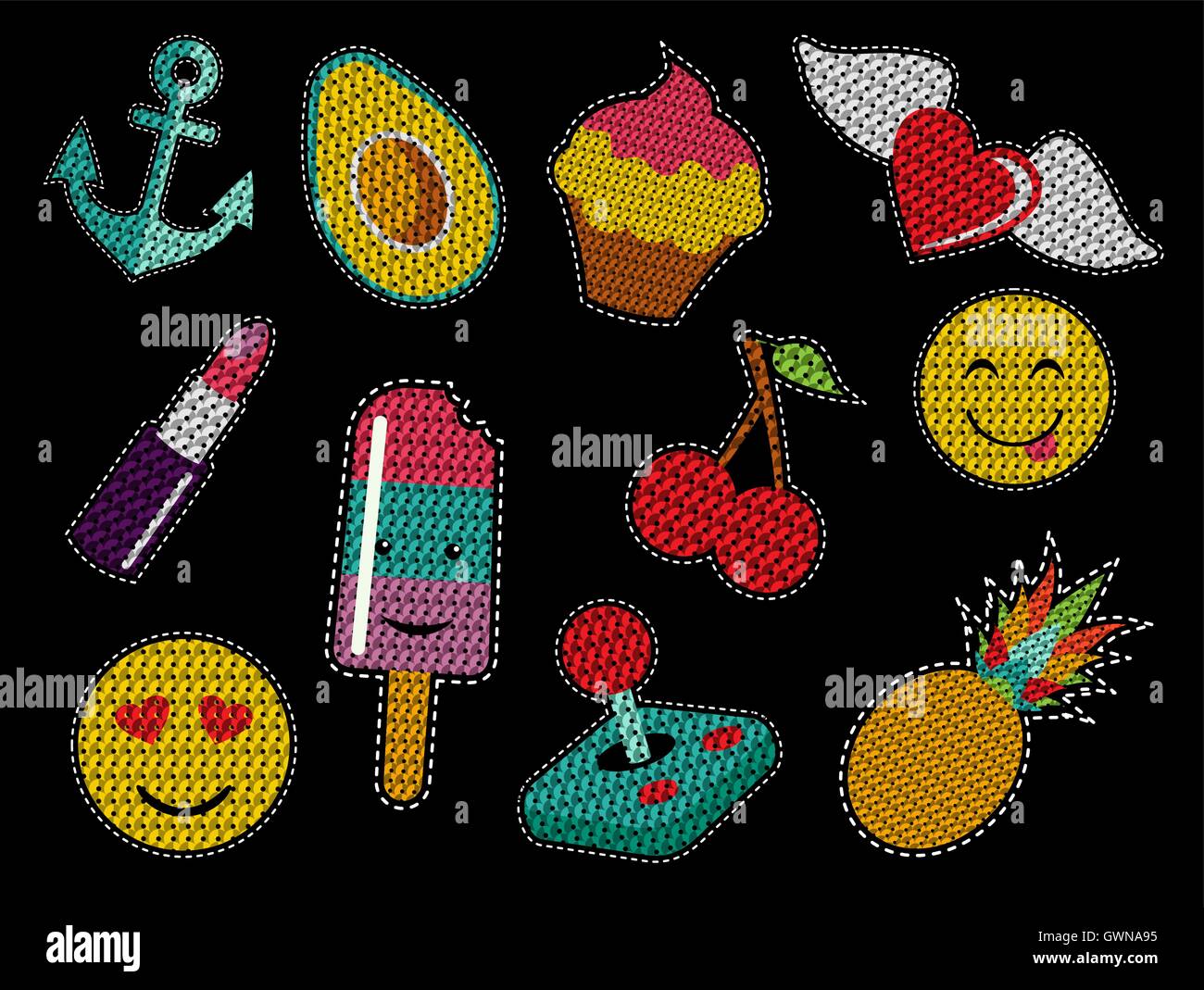Set of cute fashion patch icons with sequin texture in pop art cartoon ...