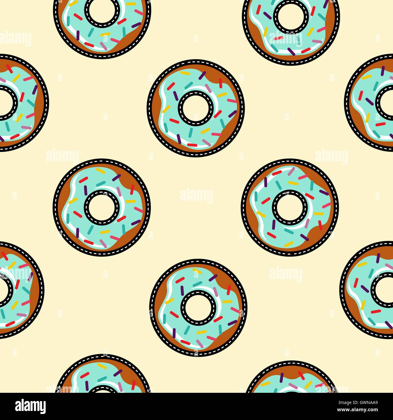 Seamless pattern with cartoon donut patch designs, fast food dessert ...