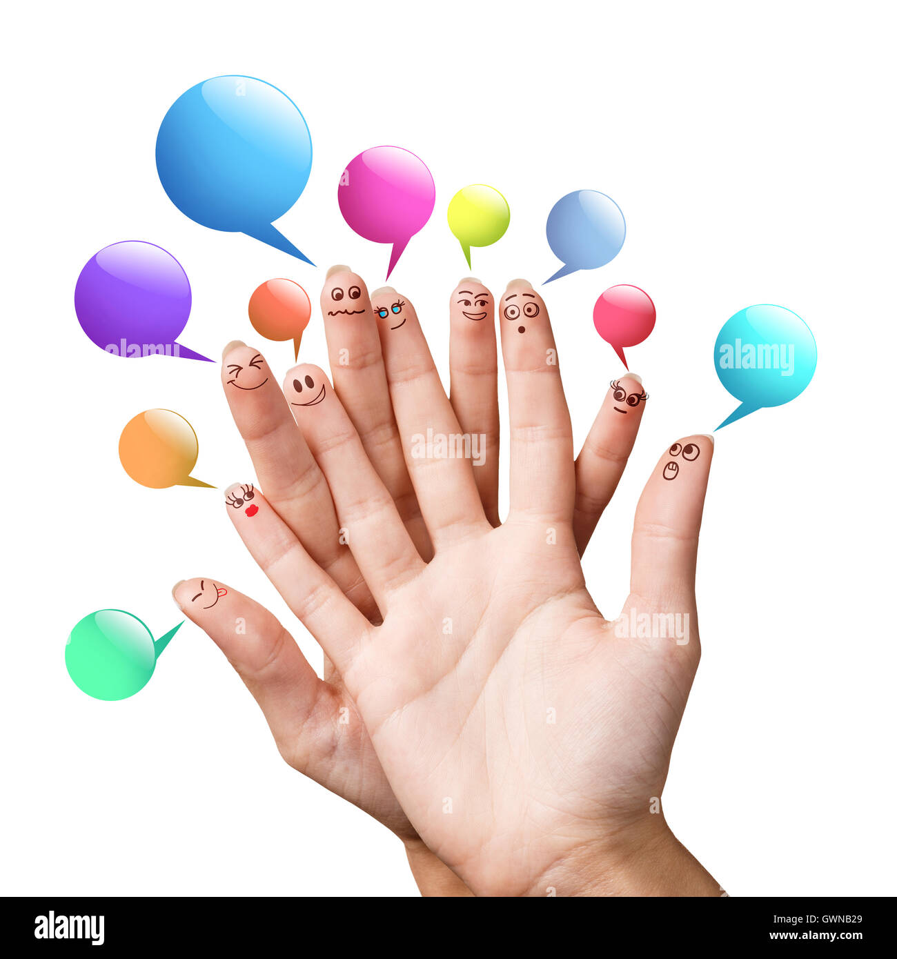 Finger smileys with colorful speech bubbles Stock Photo - Alamy