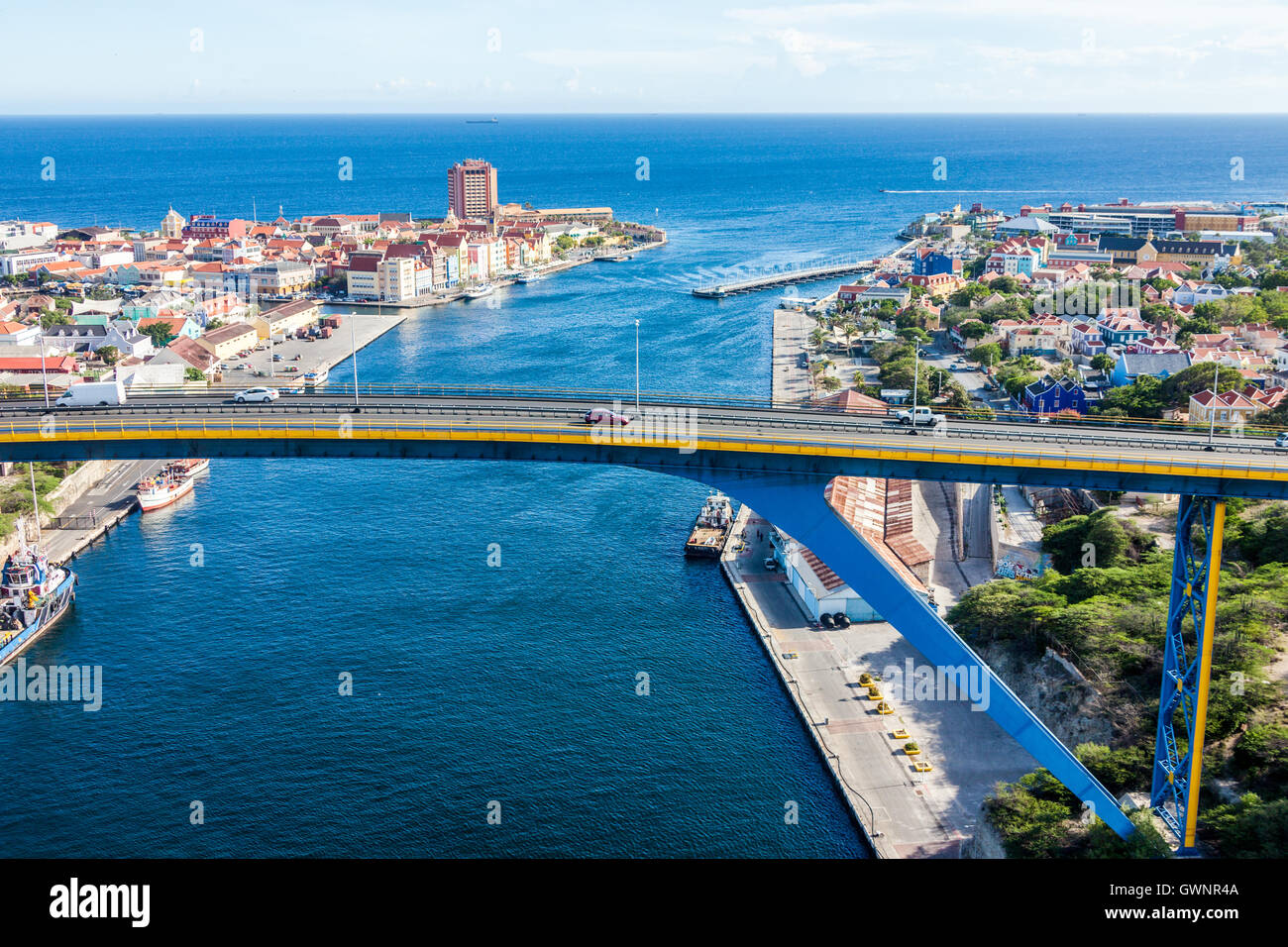 Aerial view of the Juliannabridge connecting Punda and Otrobanda with ...