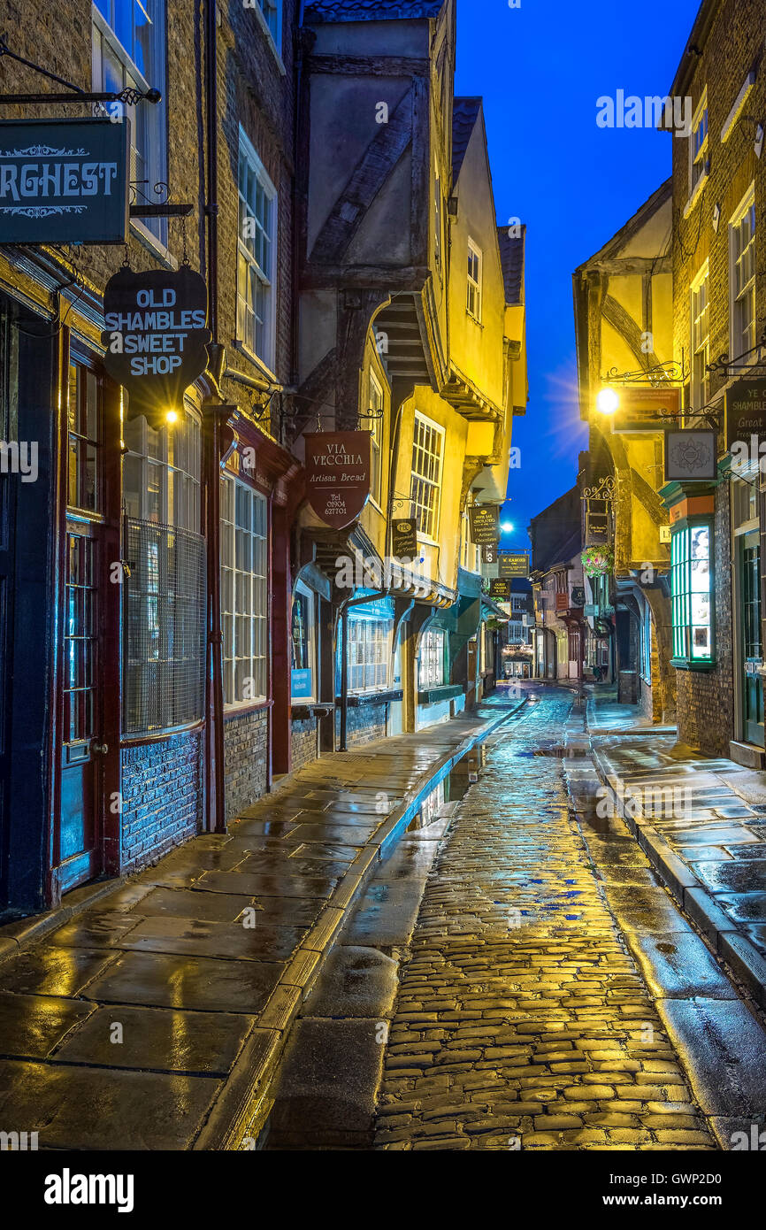 The Historic 14th century Shambles at night, city of York, North ...