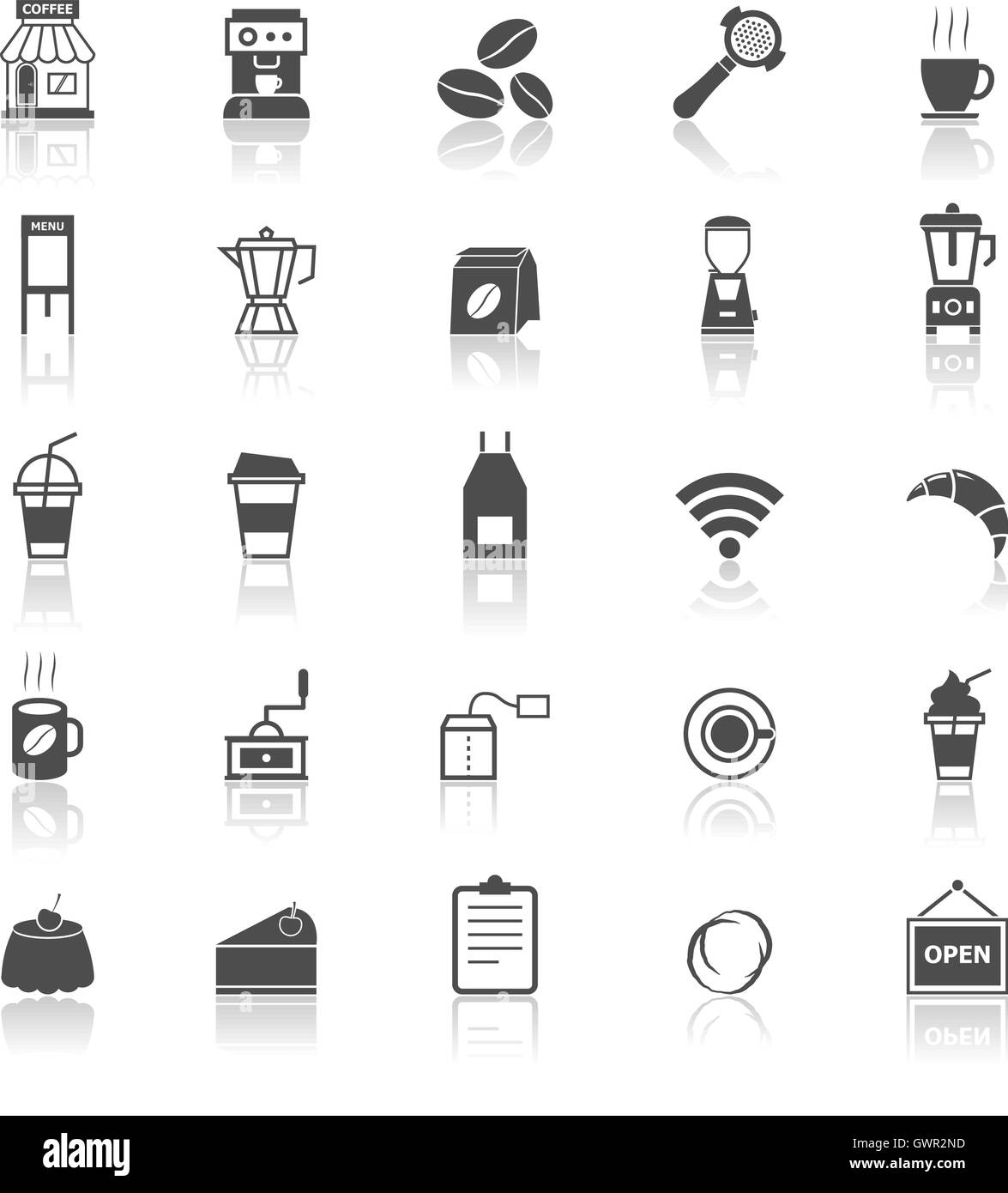 Coffee shop icons with reflect on white background, stock vector Stock ...