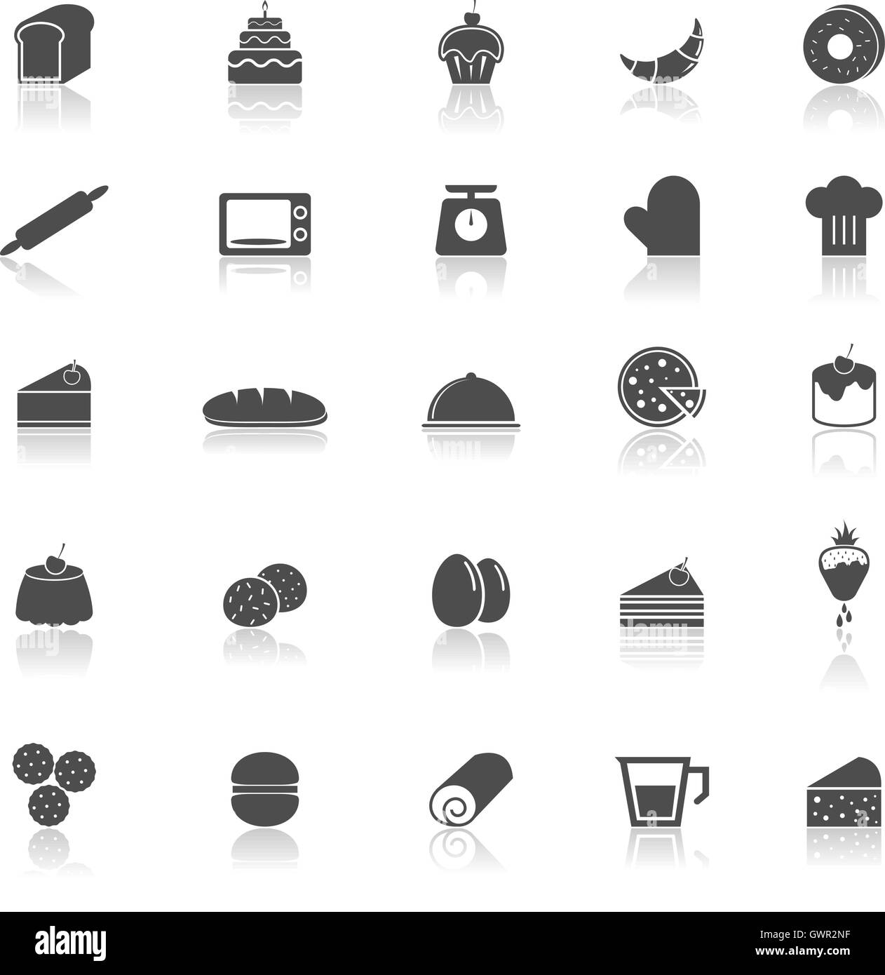 Bakery icons with reflect on white background, stock vector Stock ...