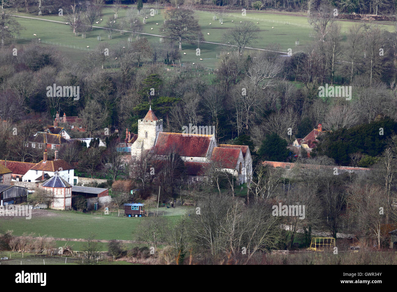 Aerial view of Firle village and church in winter , South Downs ...
