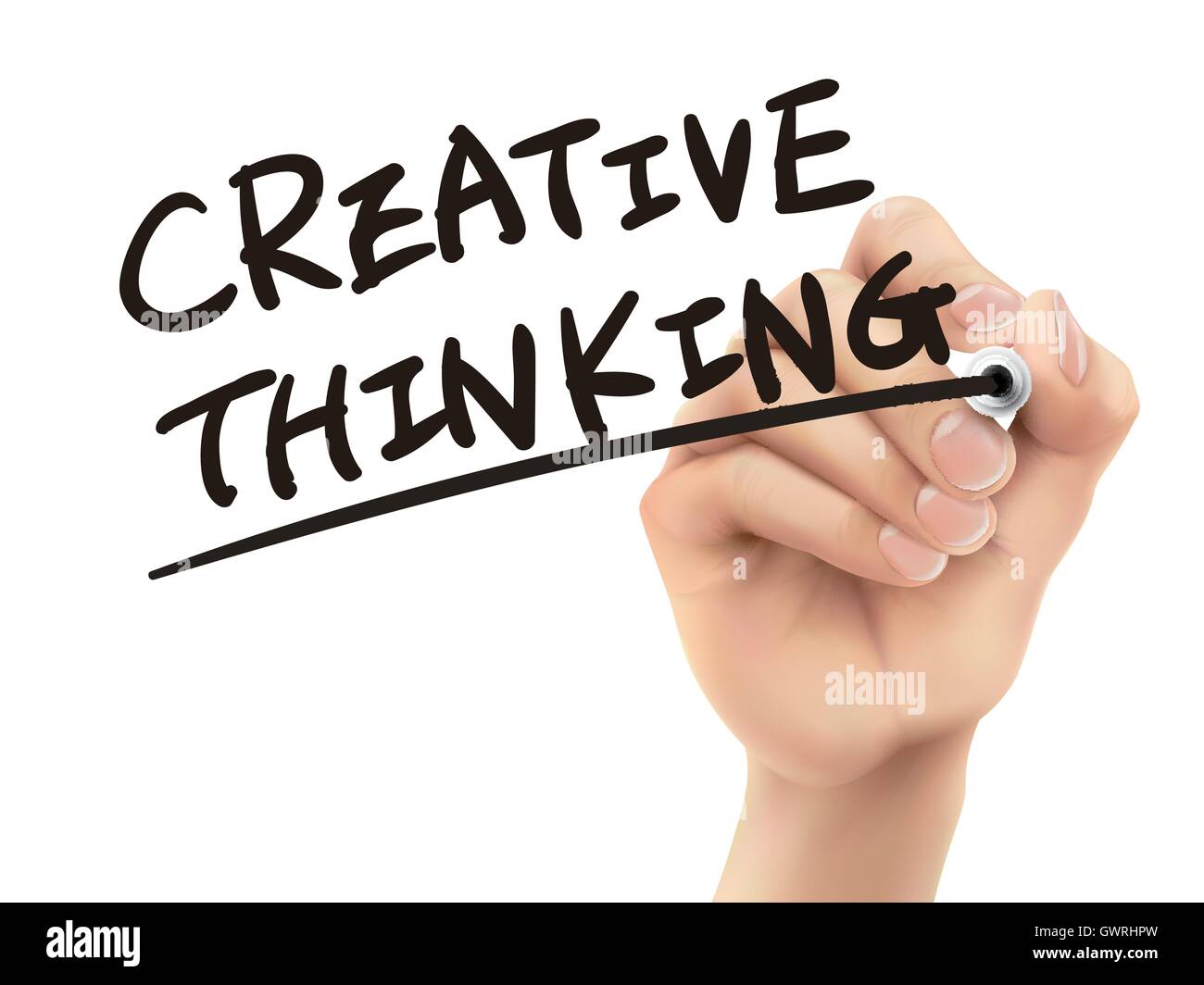 Creative thinking written by hand, 3D illustration realistic hand ...