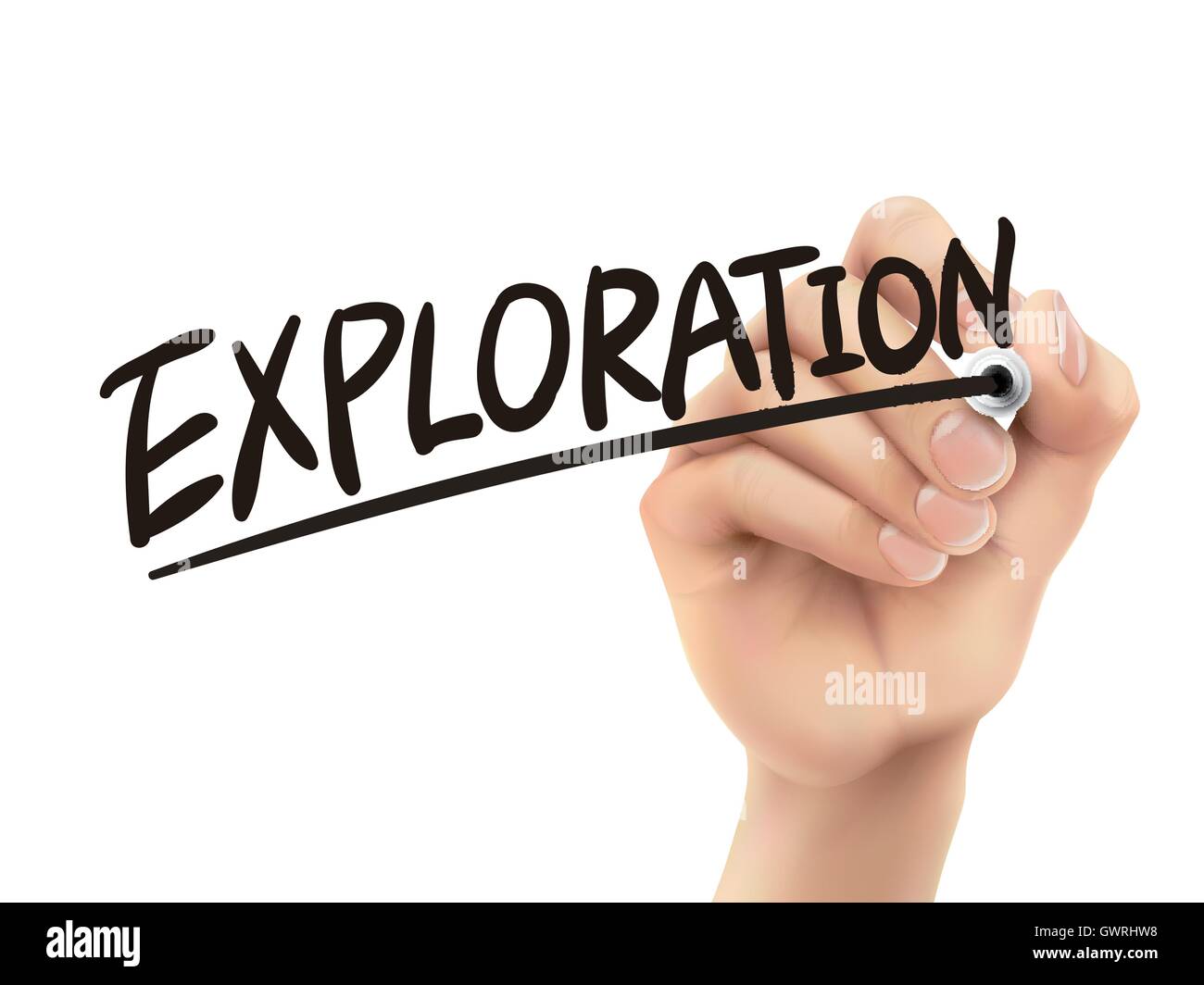Exploration written by hand, 3D illustration realistic hand writing on ...
