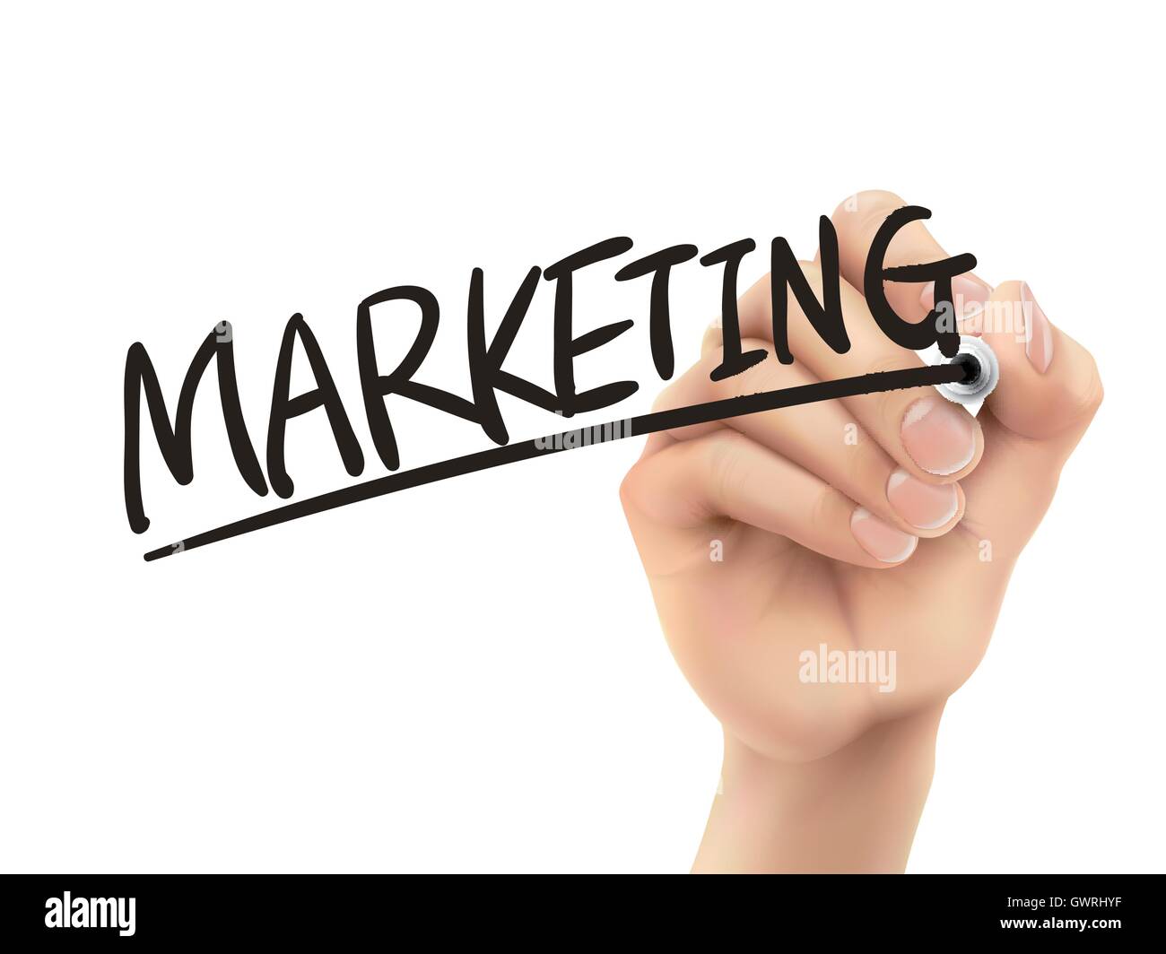 Marketing written by hand, 3D illustration realistic hand writing on ...