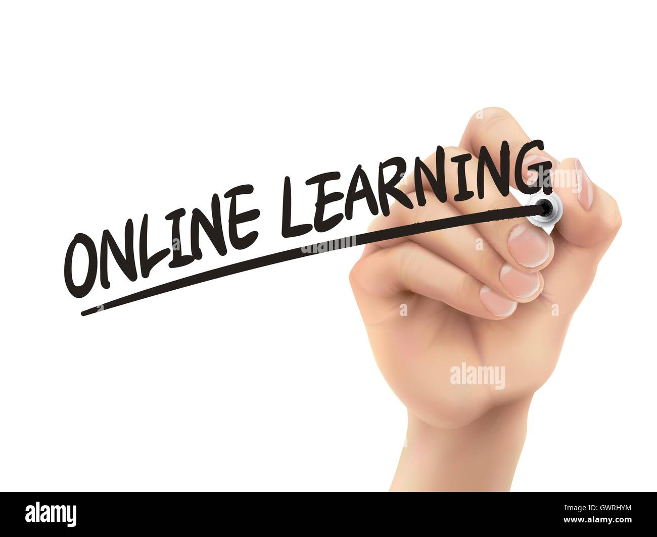 Online learning written by hand, 3D illustration realistic hand writing ...