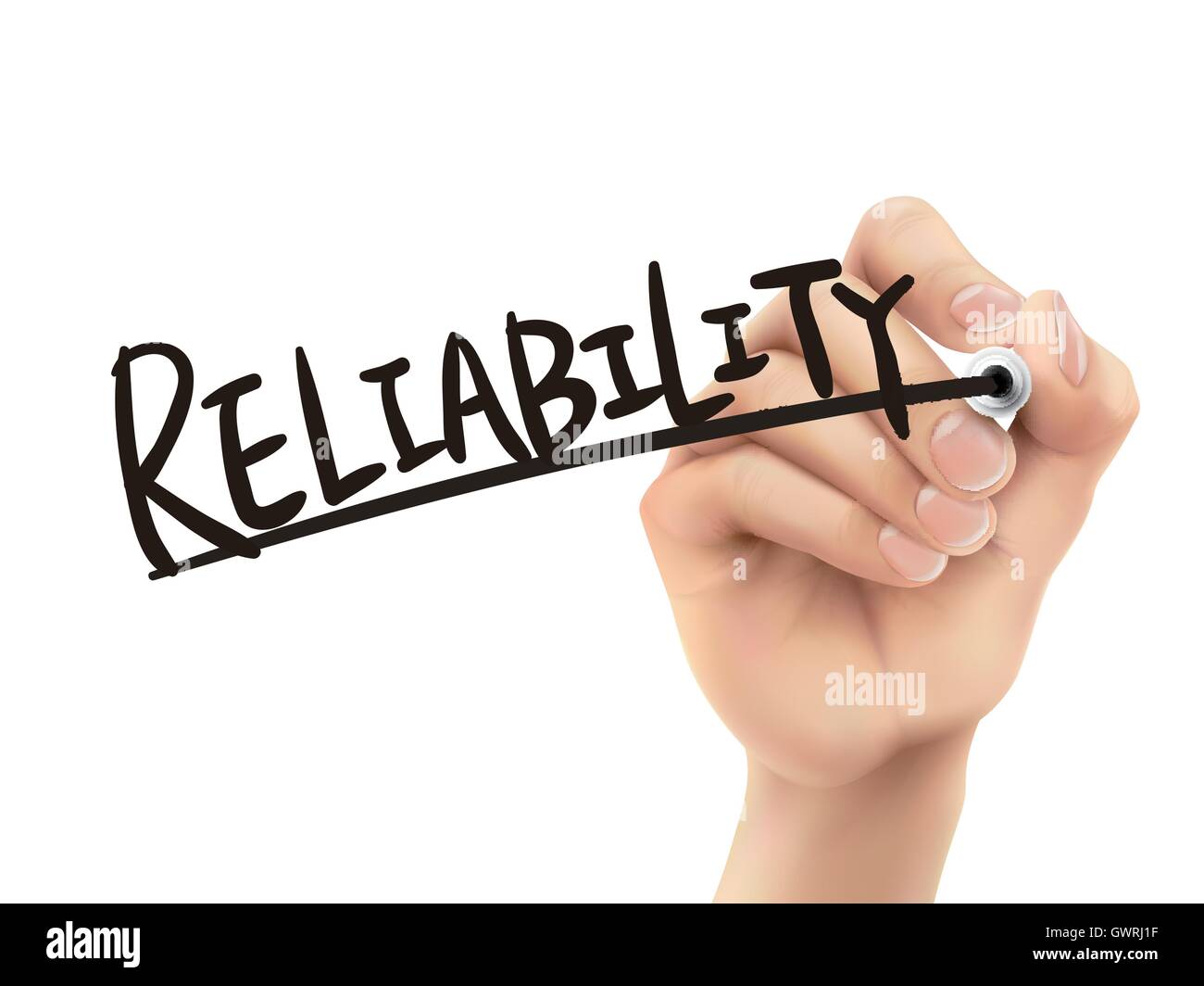 Reliability written by hand, 3D illustration realistic hand writing on ...