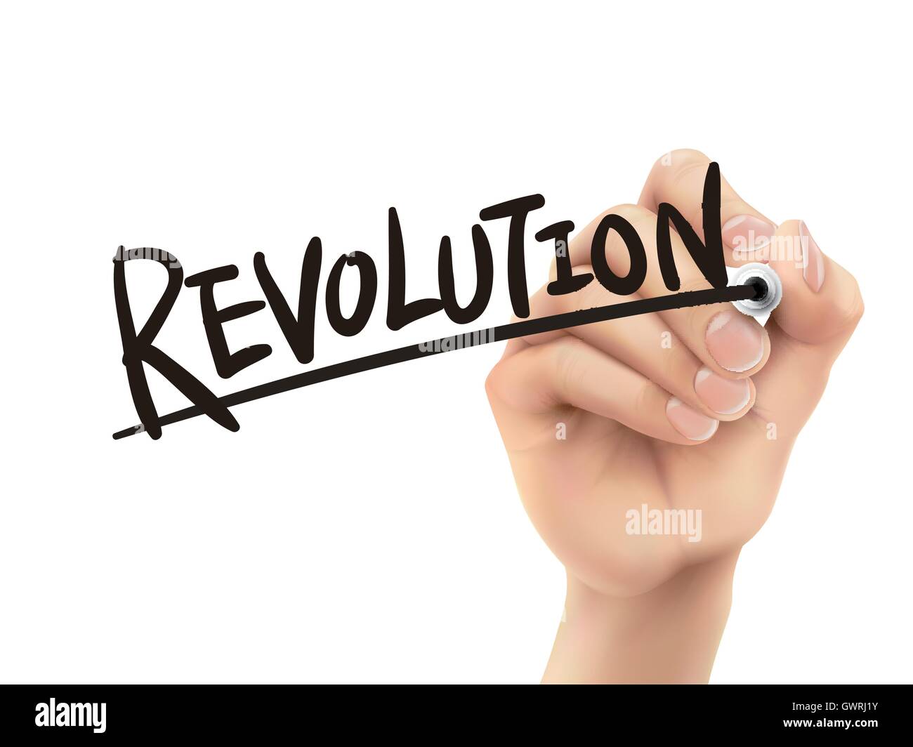 Revolution written by hand, 3D illustration realistic hand writing on ...